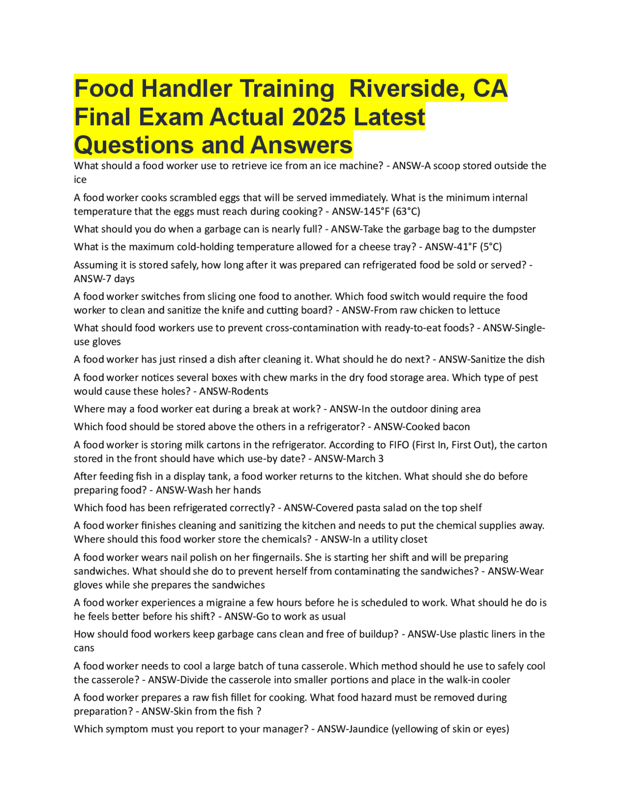 Food Handler Training Riverside, CA Final Exam Actual 2025 Latest ...