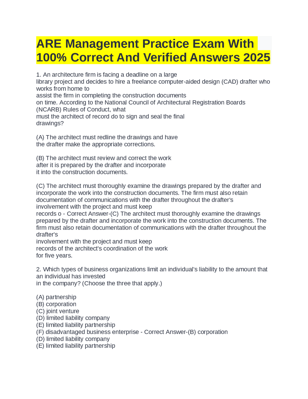 ARE Management Practice Exam With 100% Correct And Verified Answers ...