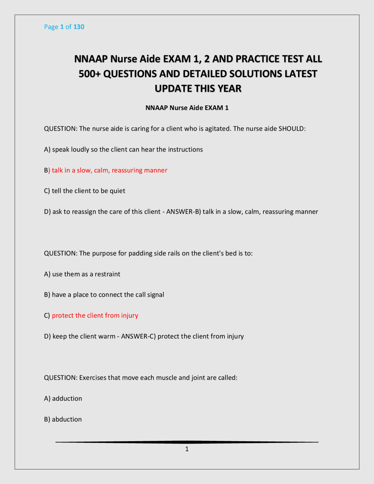 NNAAP Nurse Aide EXAM 1, 2 AND PRACTICE TEST ALL 500+ QUESTIONS AND ...