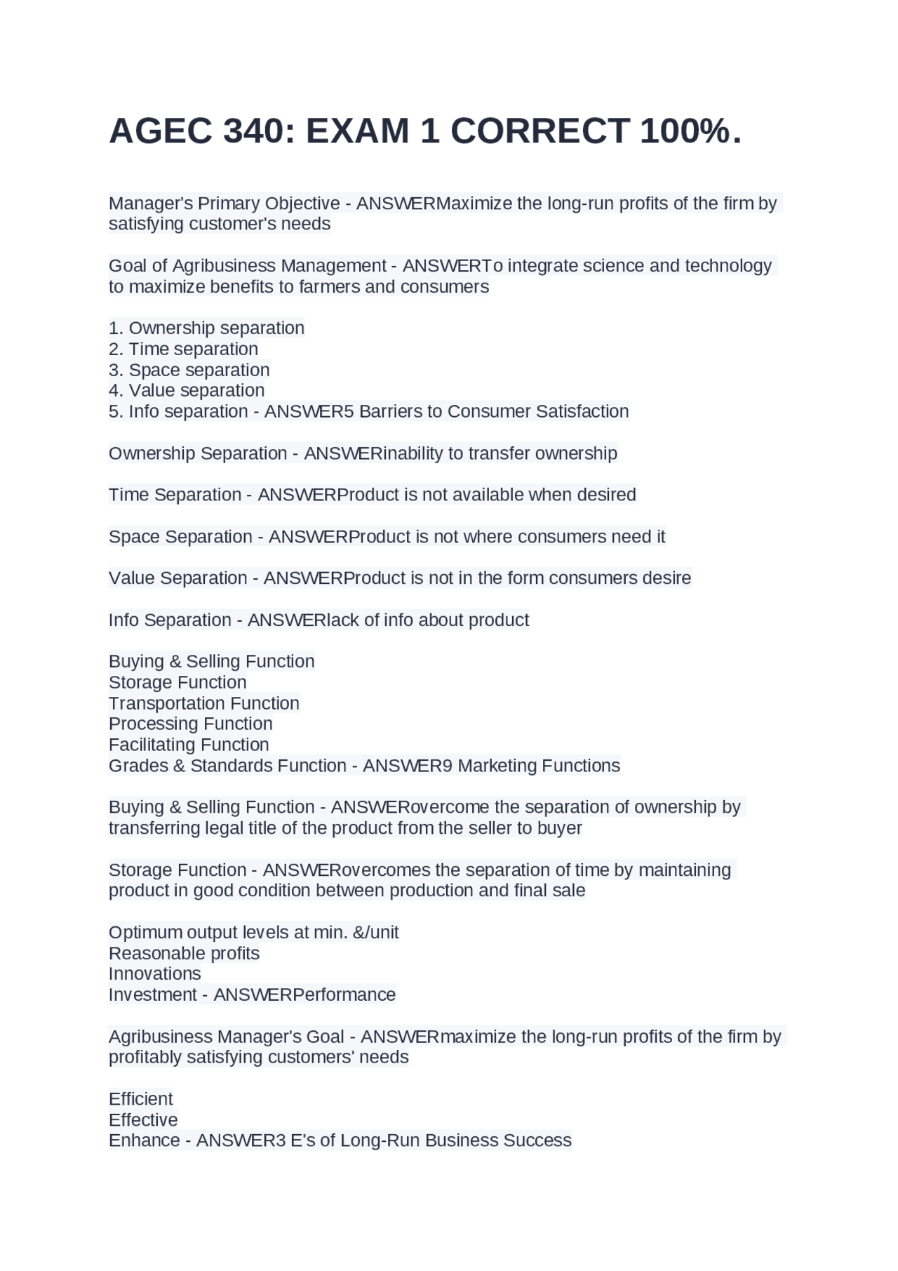 AGEC 340: EXAM 1 CORRECT 100%. | Exams Business Economics | Docsity