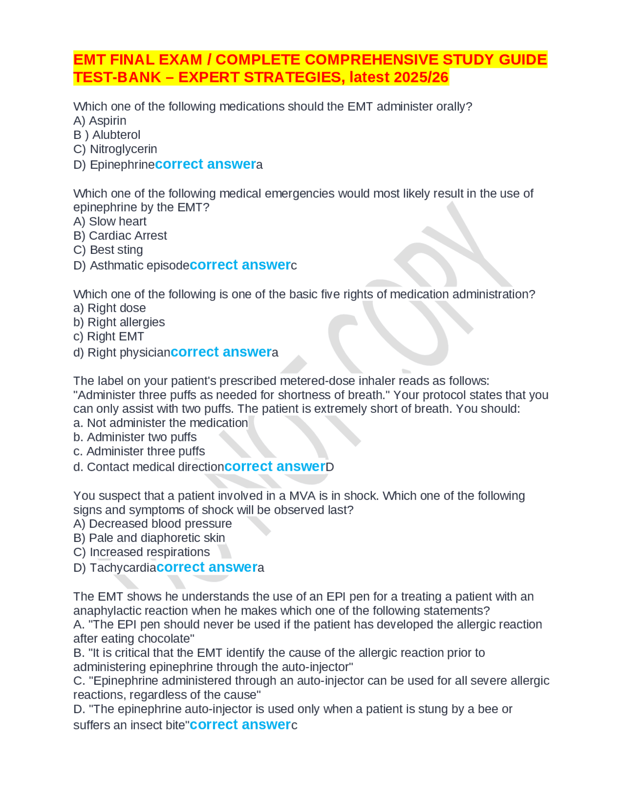 EMT FINAL EXAM / COMPLETE COMPREHENSIVE STUDY GUIDE TEST-BANK – EXPERT ...