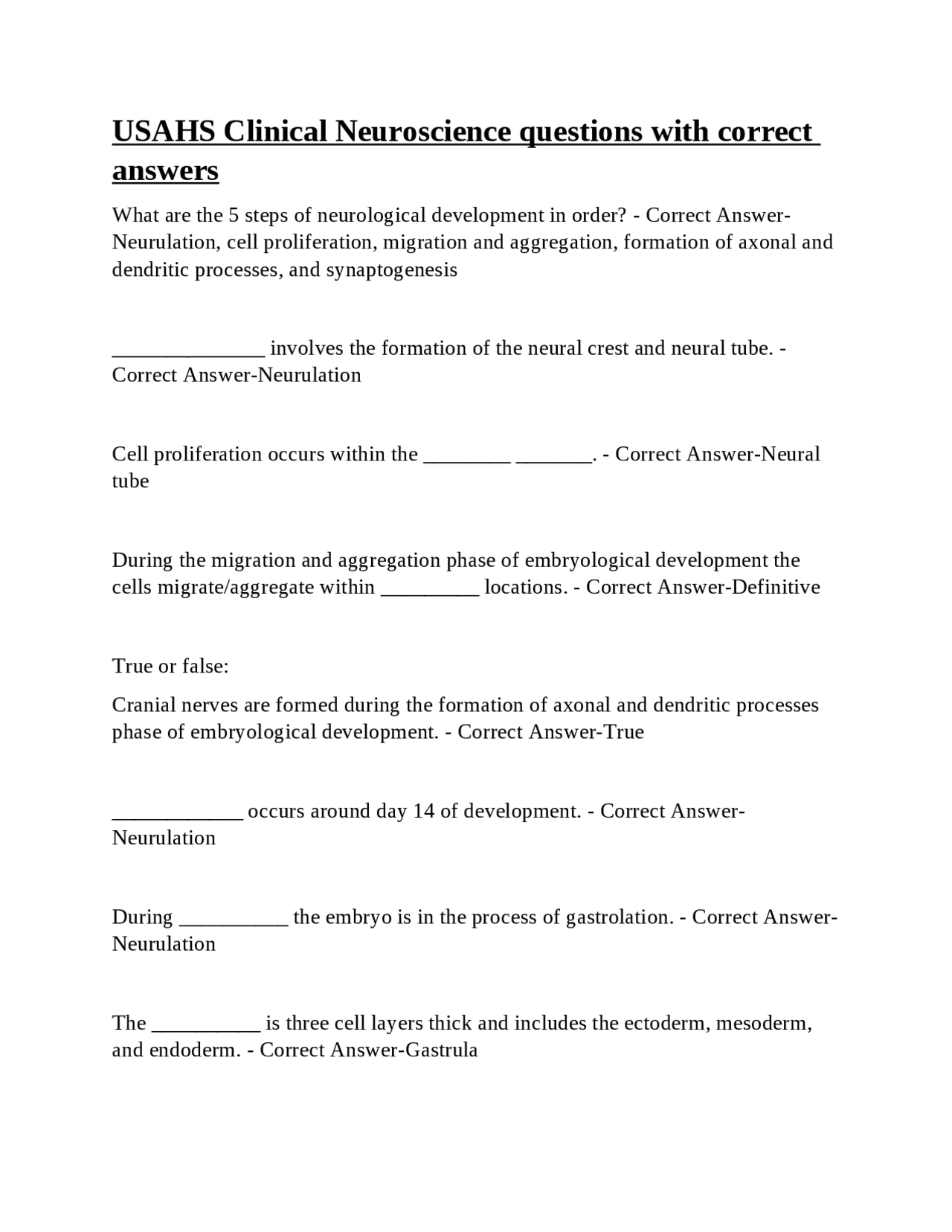 USAHS Clinical Neuroscience questions with correct answers | Exams ...