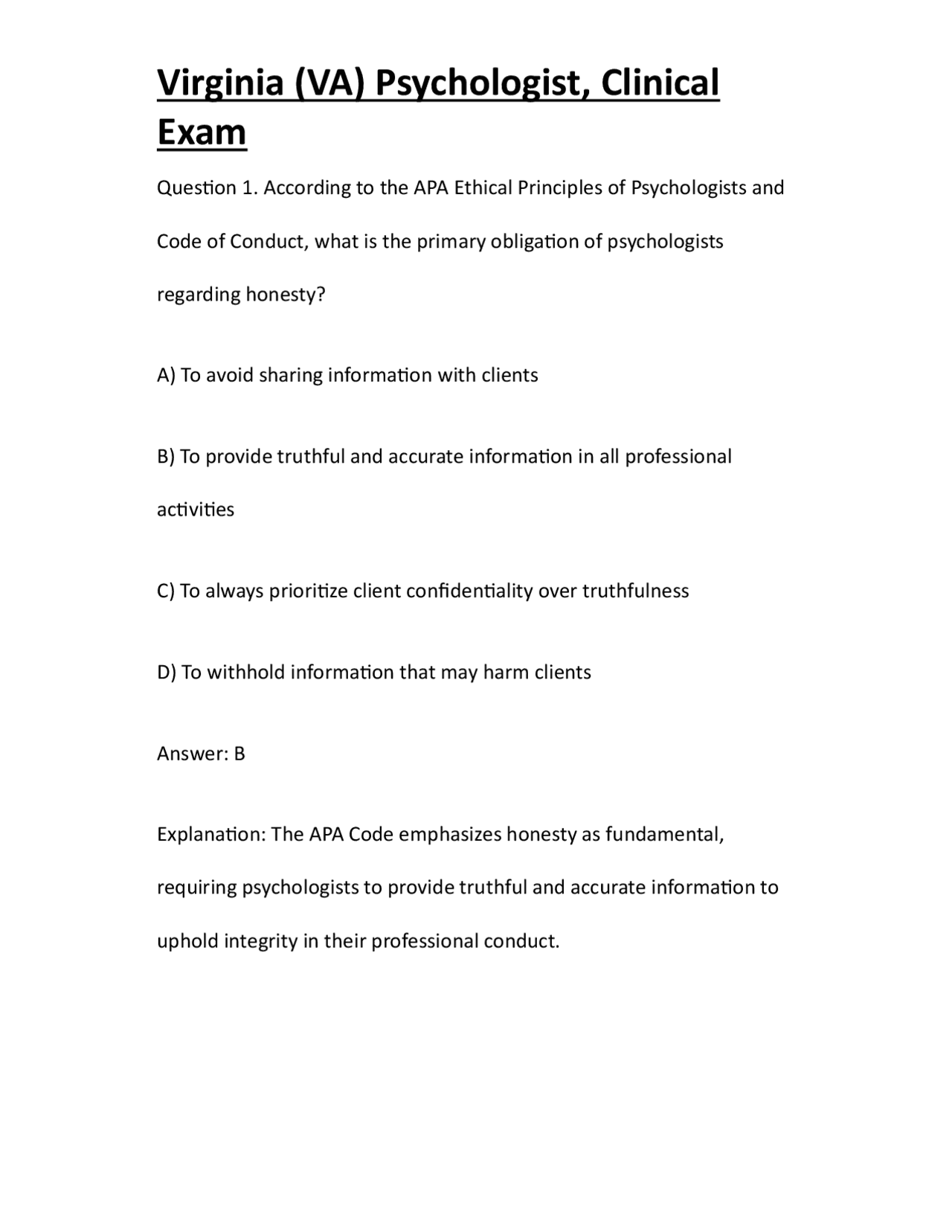 Virginia (VA) Psychologist, Clinical Exam | Exams Technology | Docsity