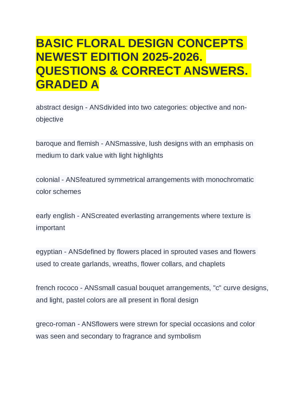 BASIC FLORAL DESIGN CONCEPTS NEWEST EDITION 2025-2026.QUESTIONS ...