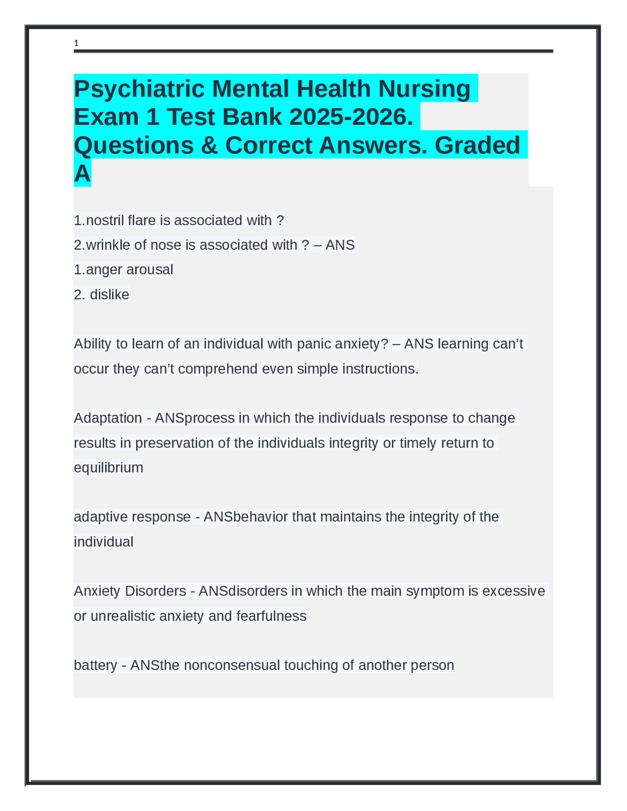 Psychiatric Mental Health Nursing Exam 1 Test Bank 2025-2026. Questions ...
