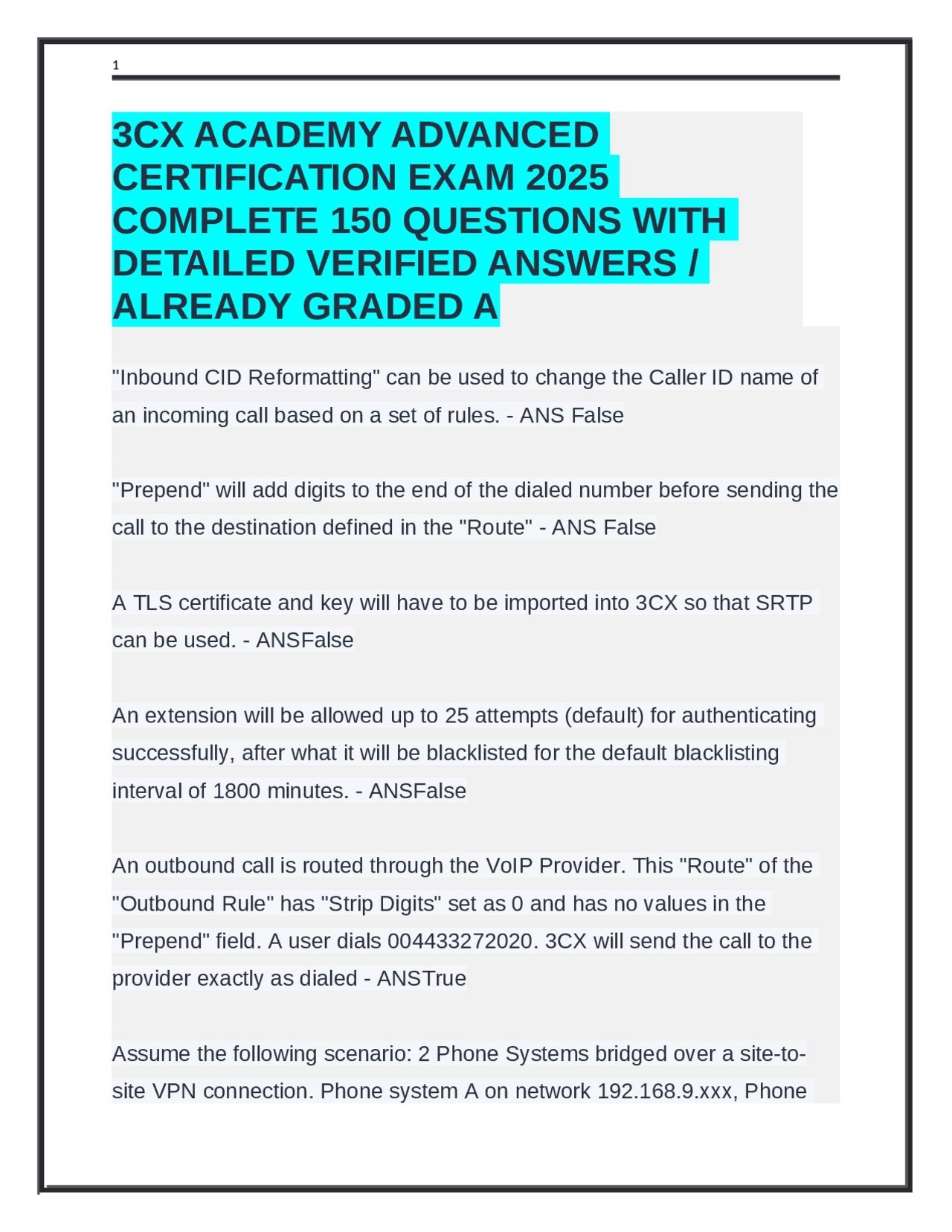 3CX ACADEMY ADVANCED CERTIFICATION EXAM 2025 COMPLETE 150 QUESTIONS WITH DETAILED ANSWERS ...