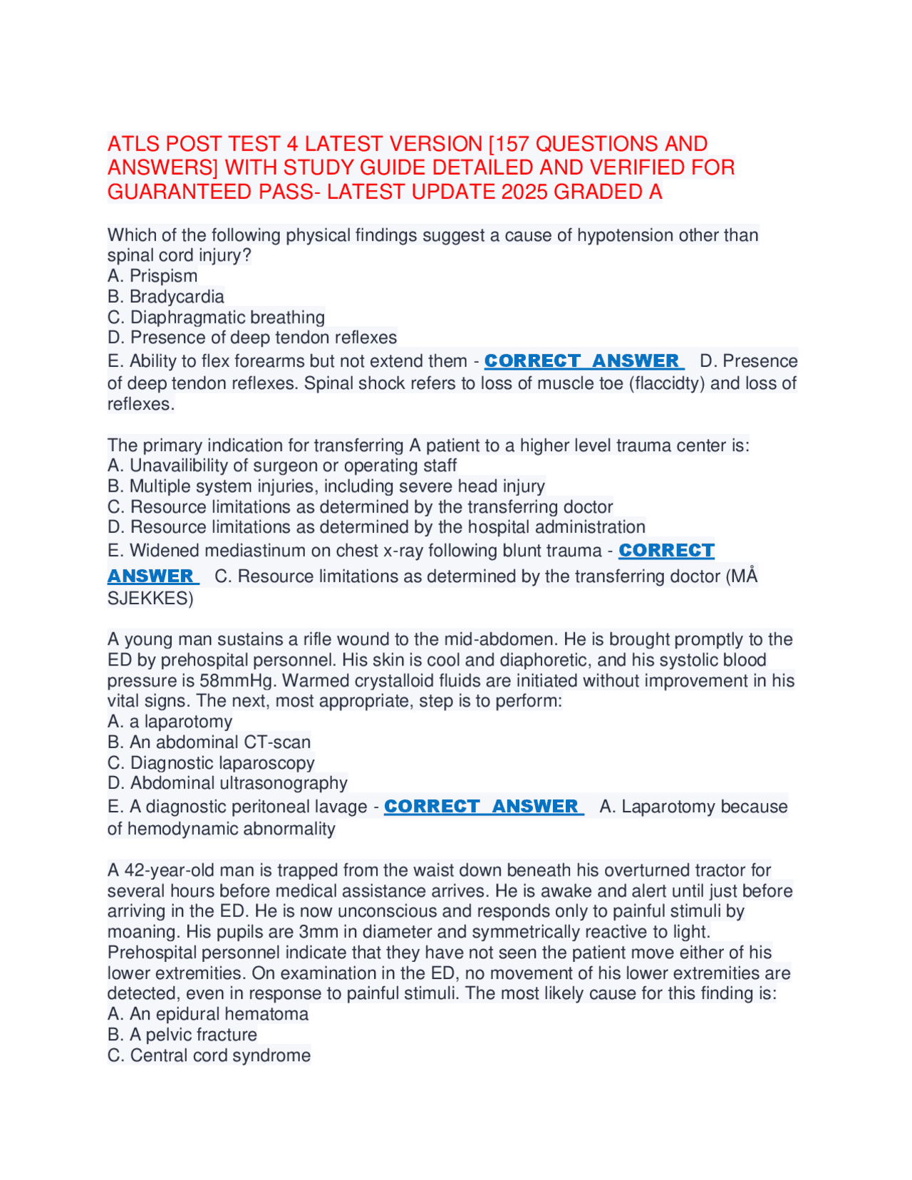 ATLS POST TEST 4 LATEST VERSION [157 QUESTIONS AND ANSWERS] WITH STUDY ...