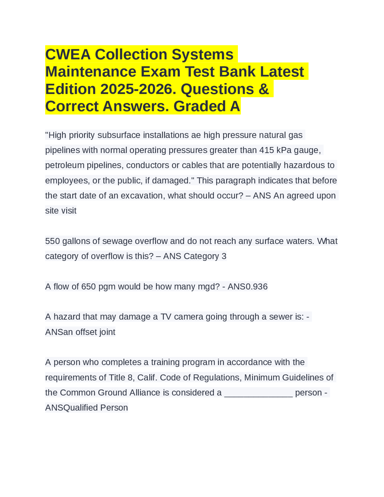 Cwea Collection Systems Maintenance Exam Test Bank Latest Edition 2025 2026 Quizs And Ans Exams