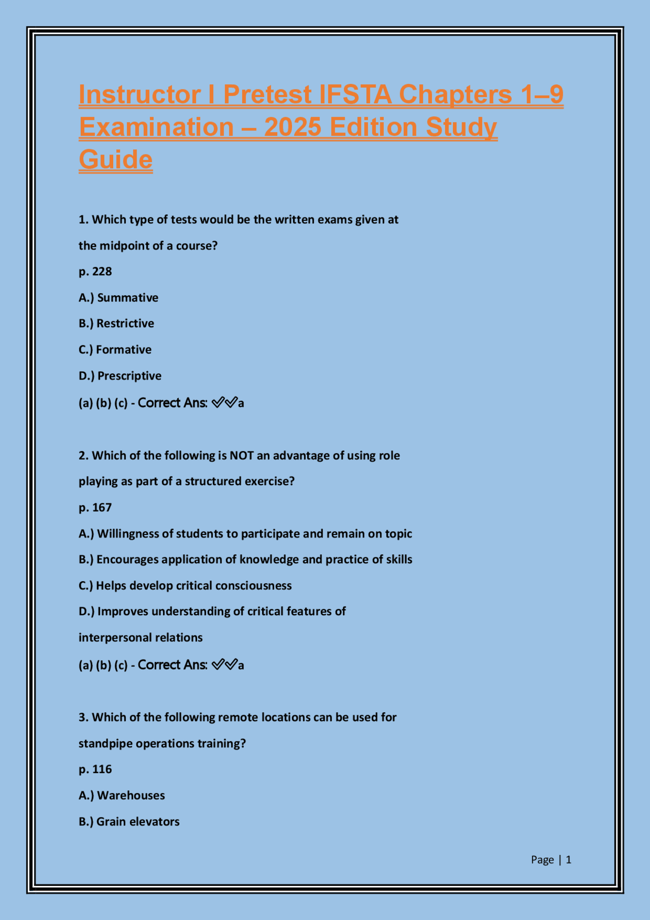 Instructor I Pretest IFSTA Chapters 1–9 Examination – 2025 Edition ...