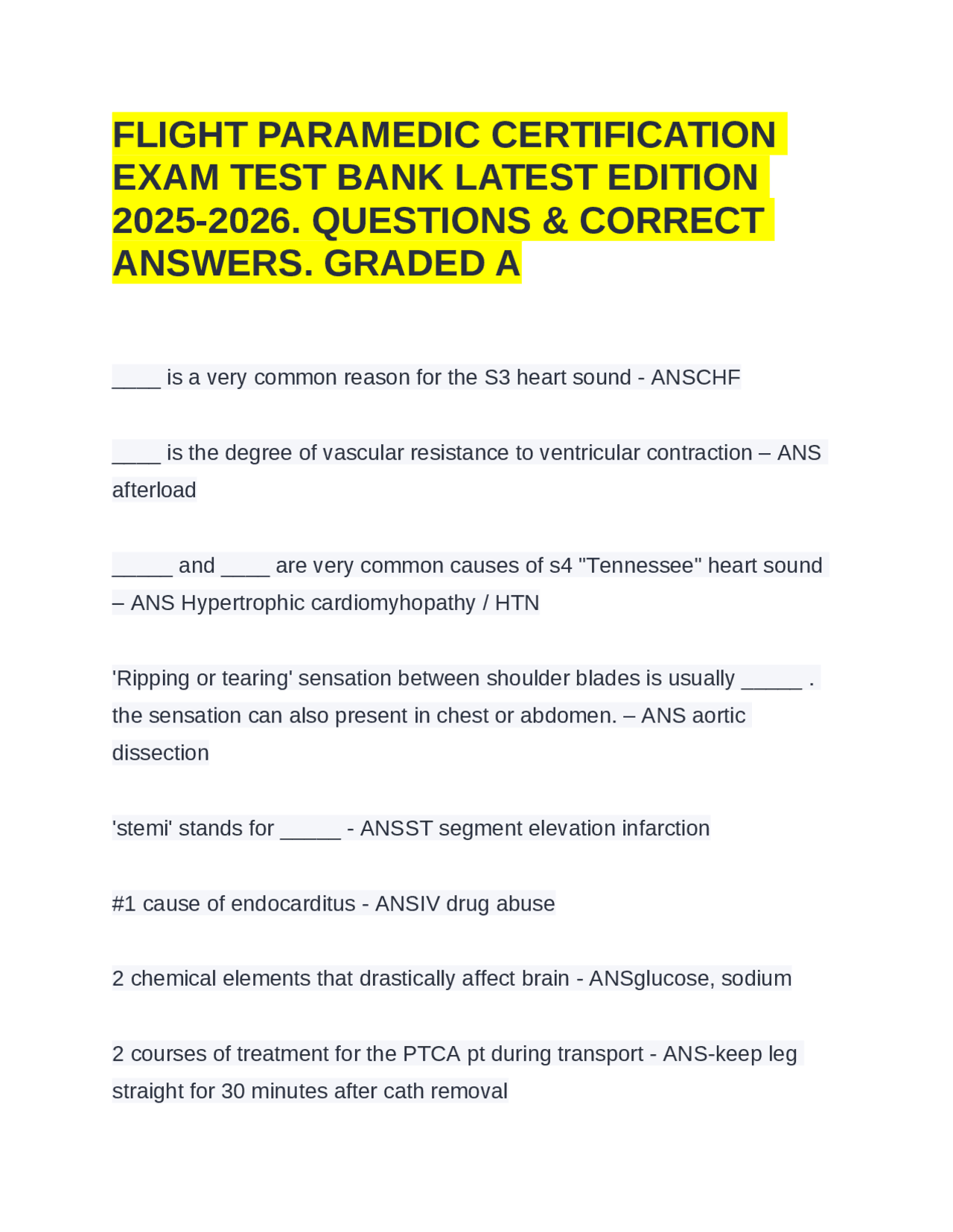 Flight Paramedic Certification Exam Test Bank 2025-2026 | Exams Health ...