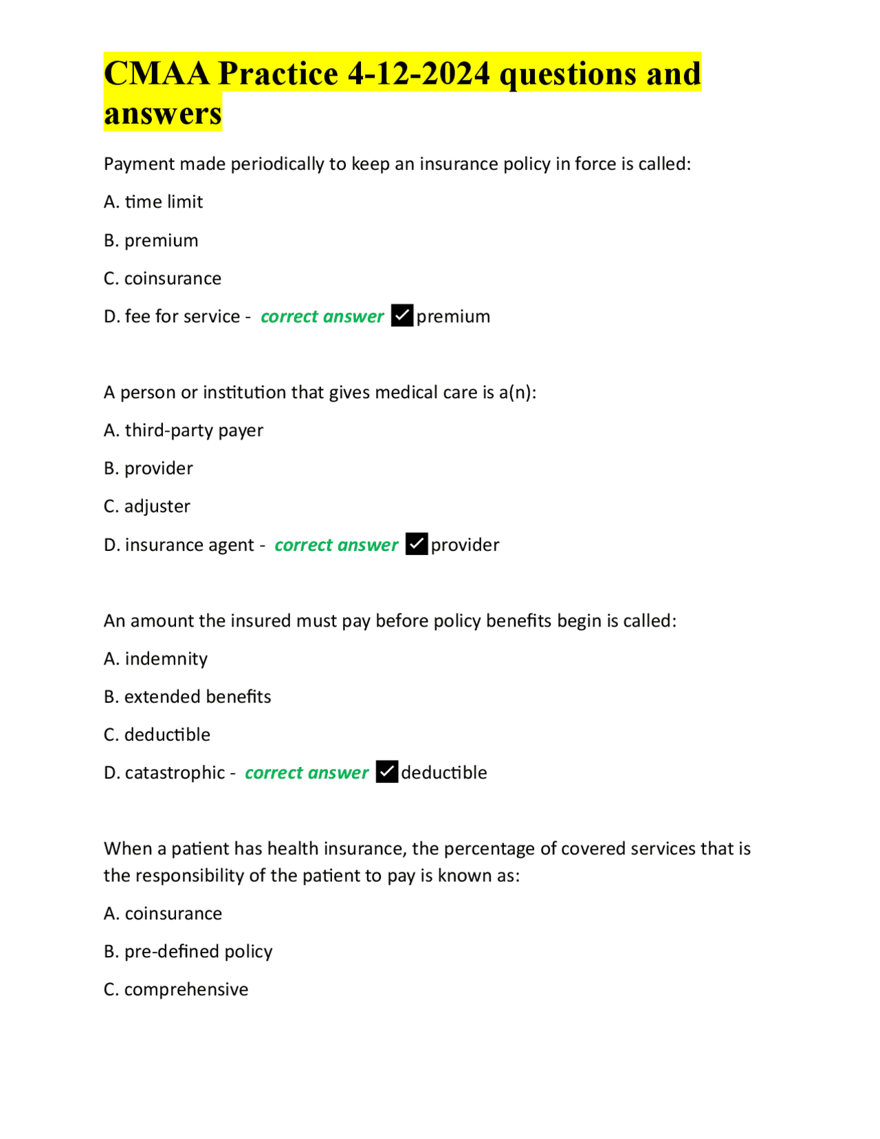 CMAA Practice 4-12-2024 questions and answers. | Exams Advanced ...