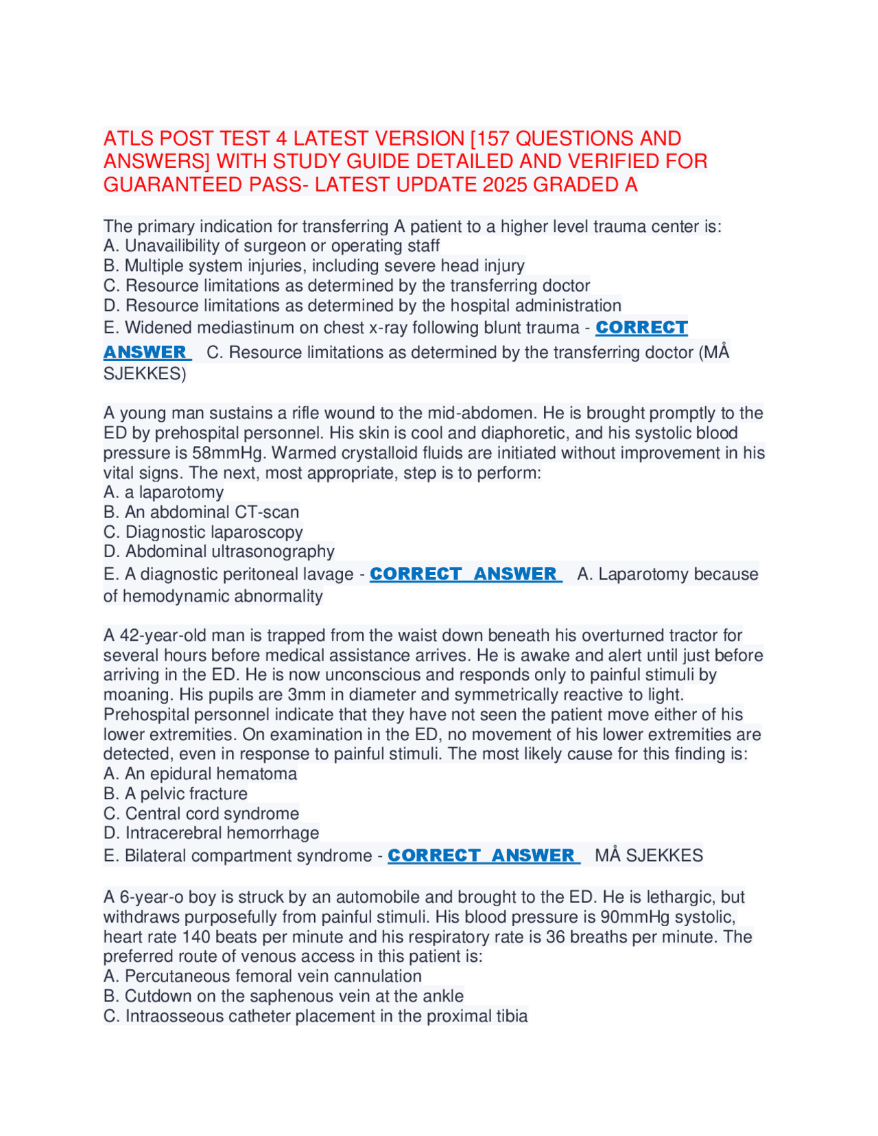 ATLS POST TEST 4 LATEST VERSION [157 QUESTIONS AND ANSWERS] WITH STUDY ...