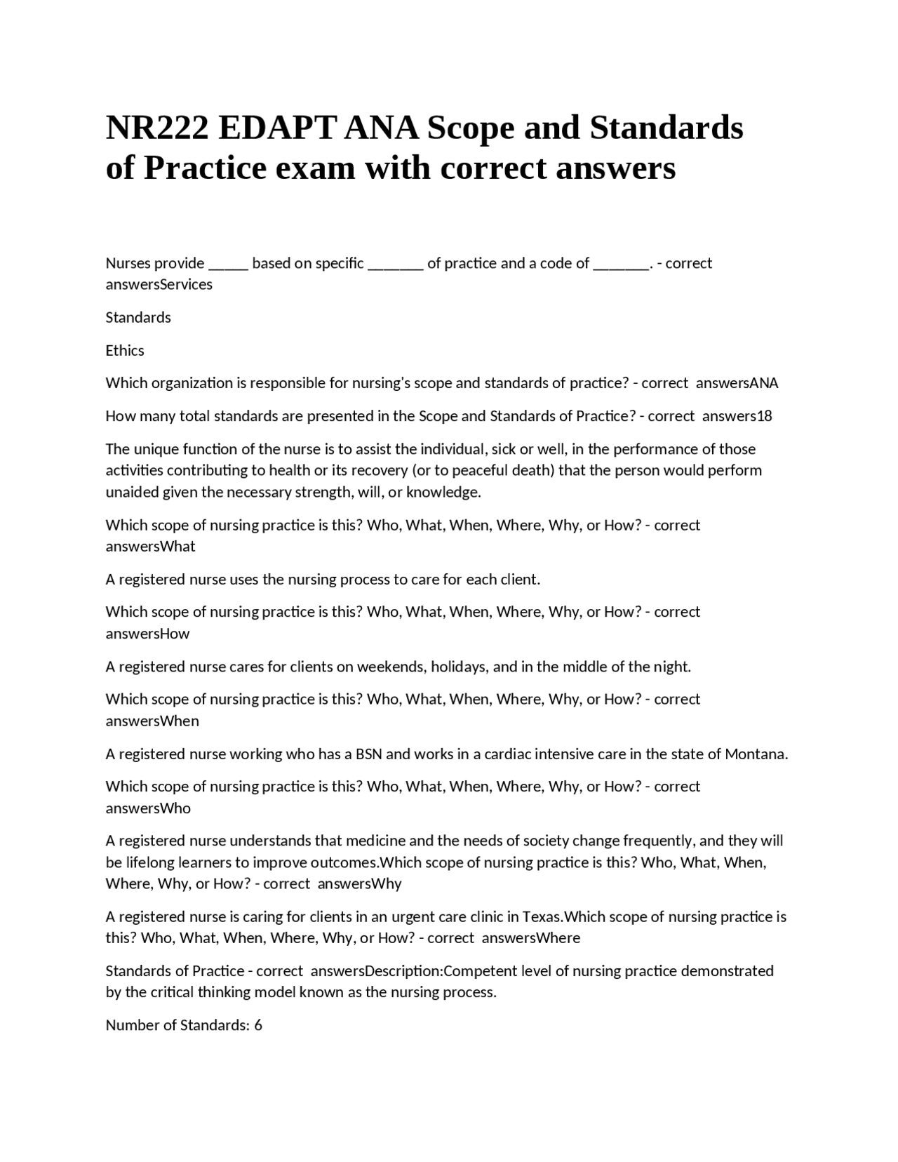 NR222 EDAPT ANA Scope and Standards of Practice exam with correct ...