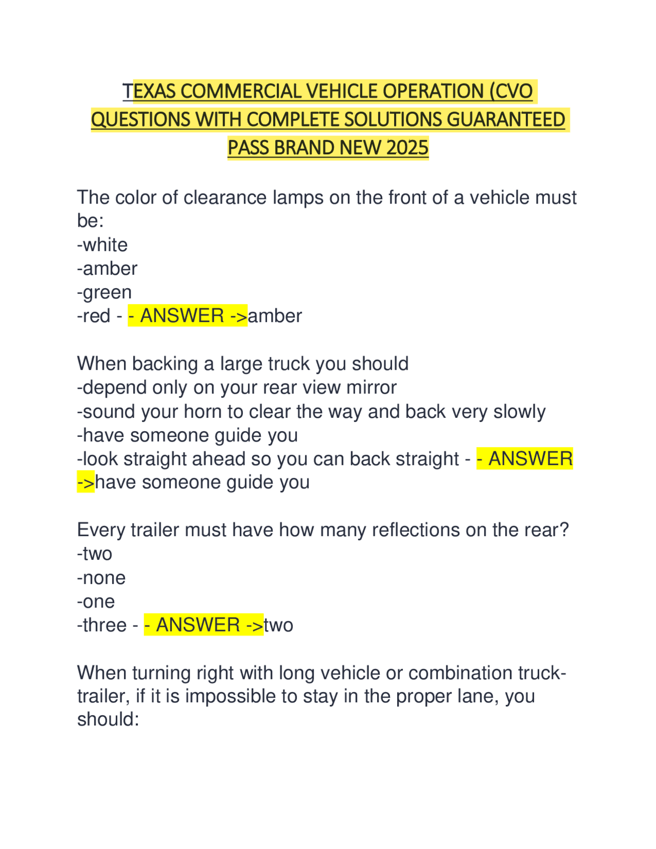 Texas Commercial Vehicle Operation (CVO) Exam Questions and Answers ...