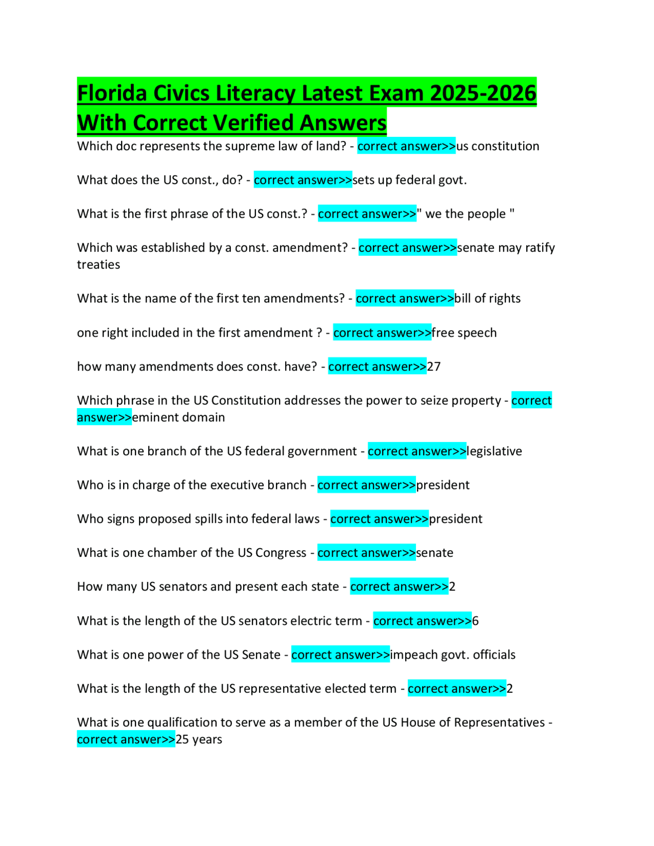 Florida Civics Literacy Latest Exam 2025-2026 With Correct Verified ...