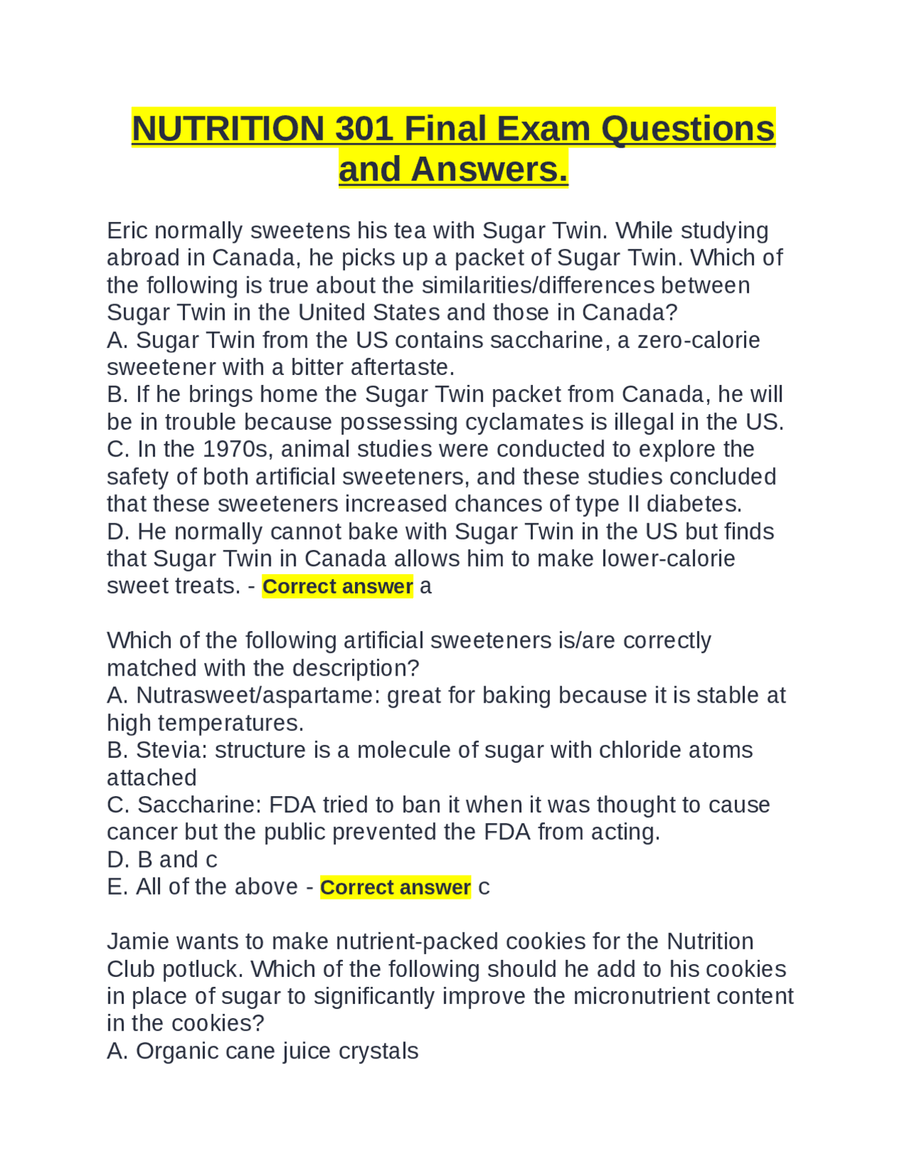 NUTRITION 301 Final Exam Questions and Answers. | Exams Nutrition | Docsity
