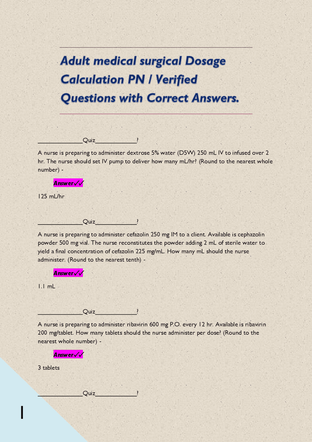 Medication Dosage Calculation Quiz for Nurses | Exams Nursing | Docsity