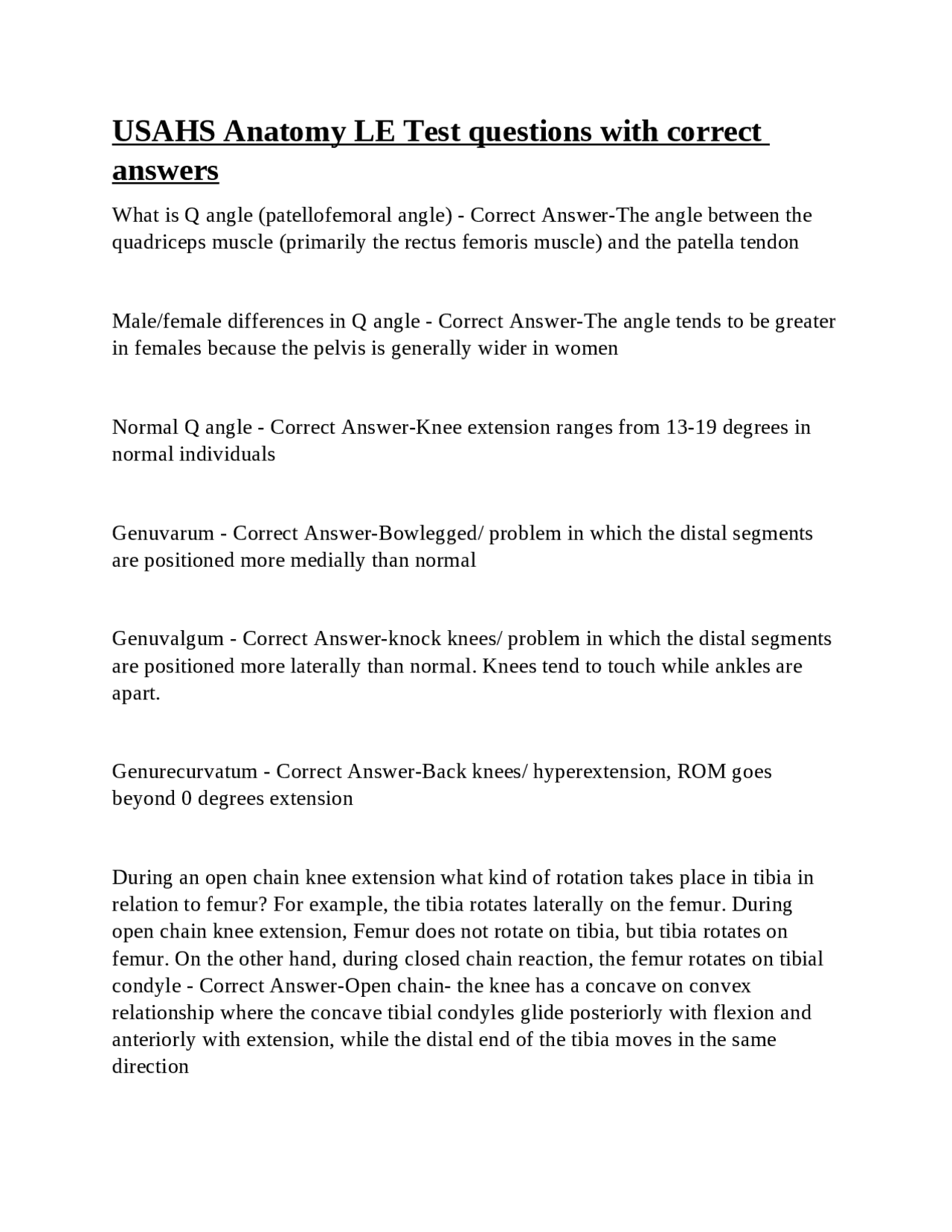 USAHS Anatomy LE Test questions with correct answers | Exams Nursing ...