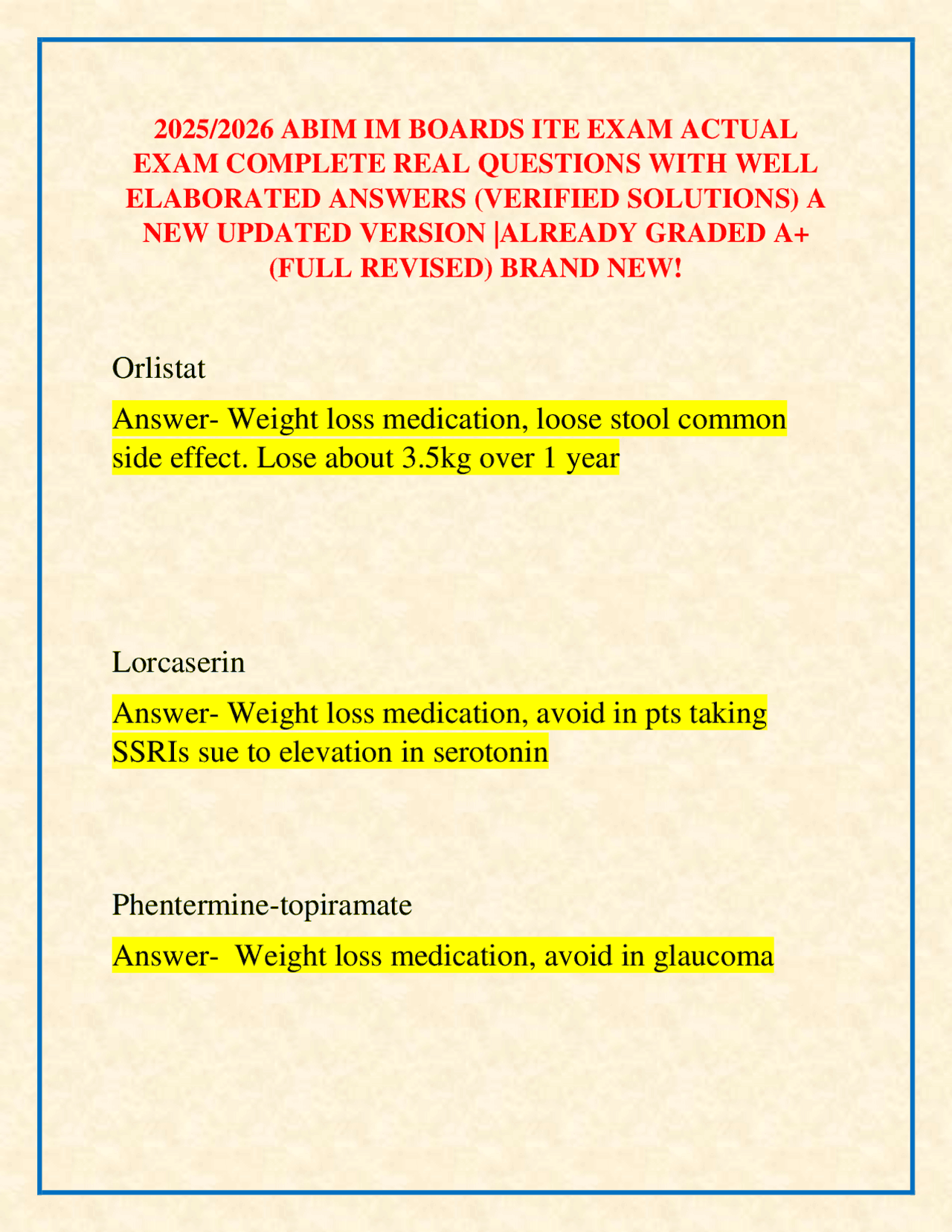 2025/2026 ABIM IM BOARDS ITE EXAM ACTUAL EXAM COMPLETE REAL QUESTIONS ...