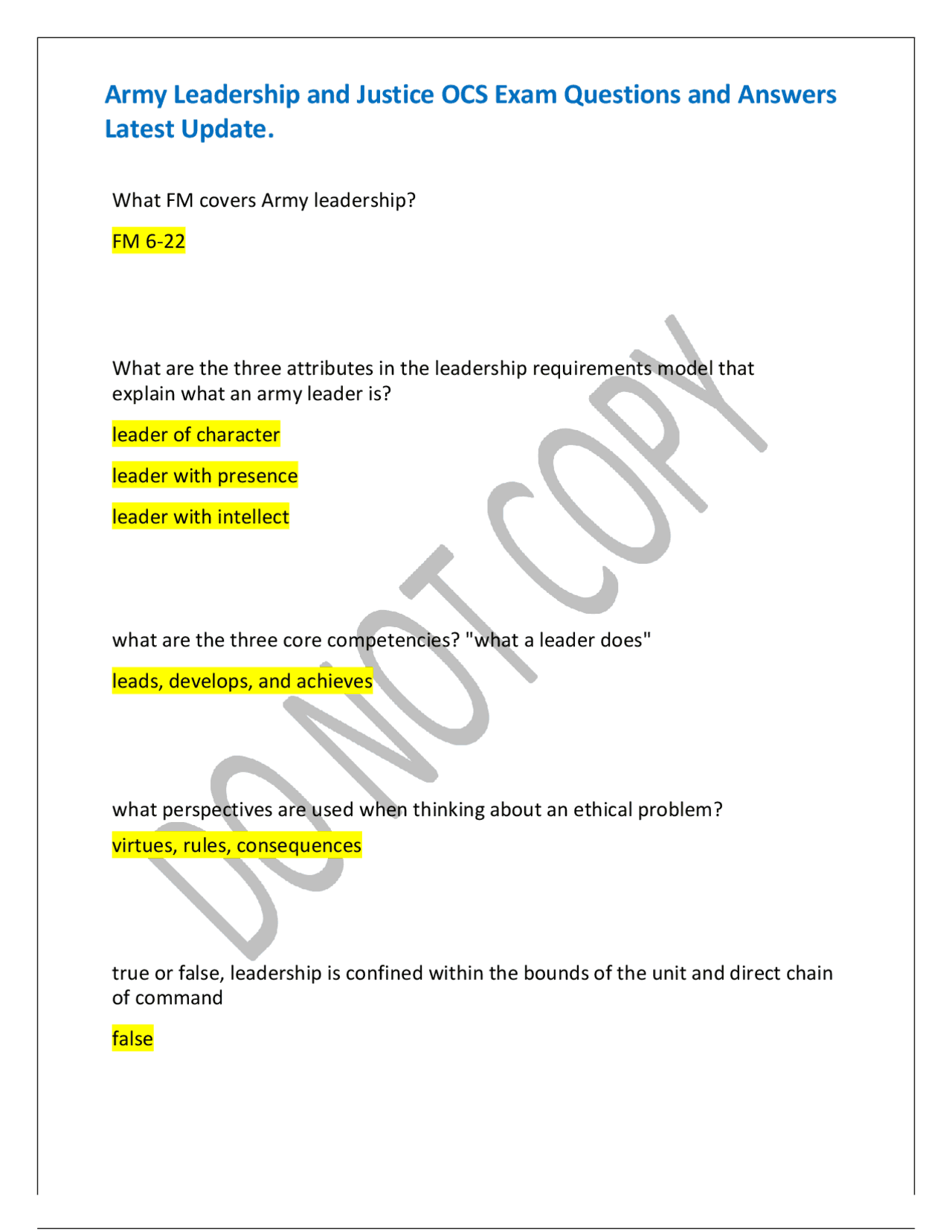 Army Leadership and Justice OCS Exam Questions and Answers Latest ...