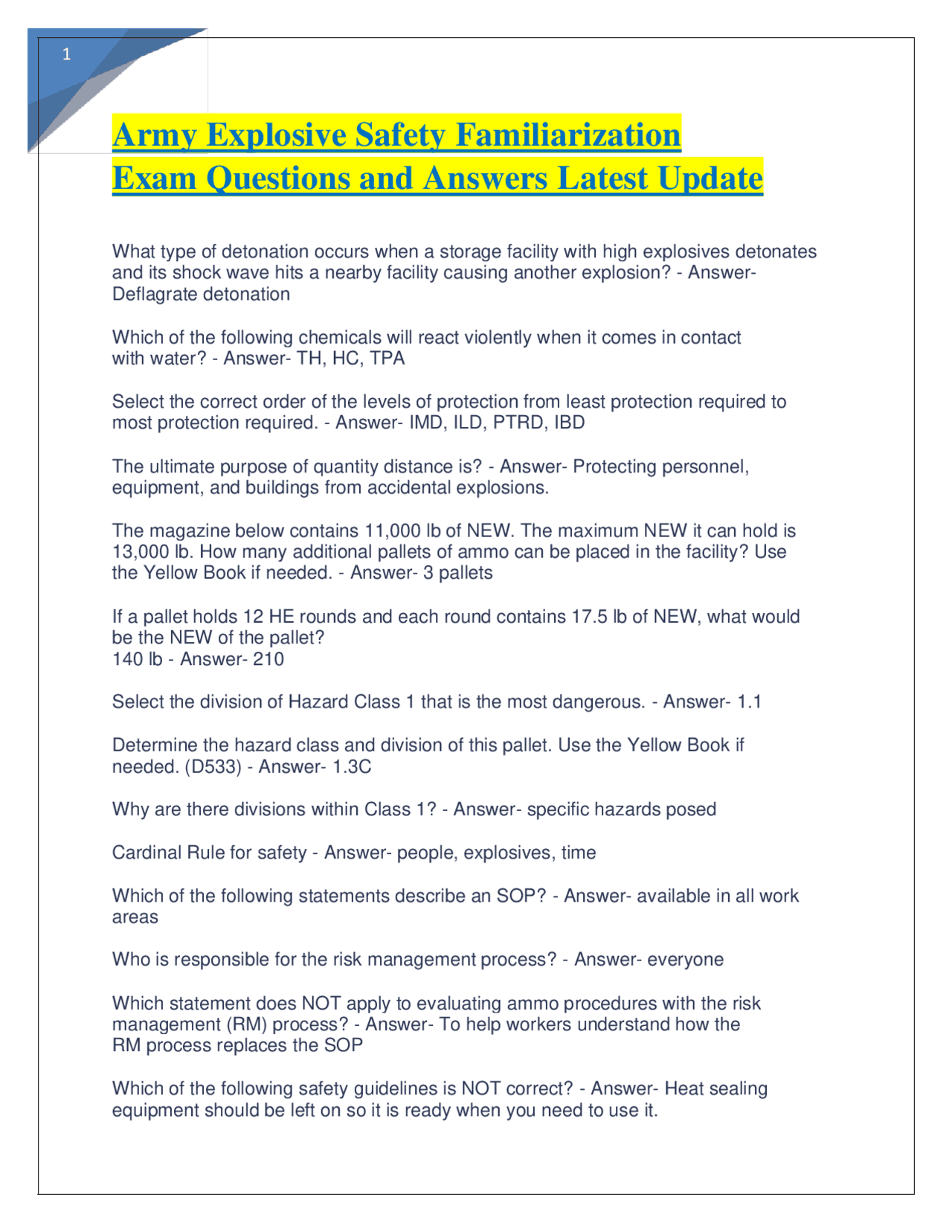 Army Explosive Safety Familiarization Exam Questions and Answers Latest ...