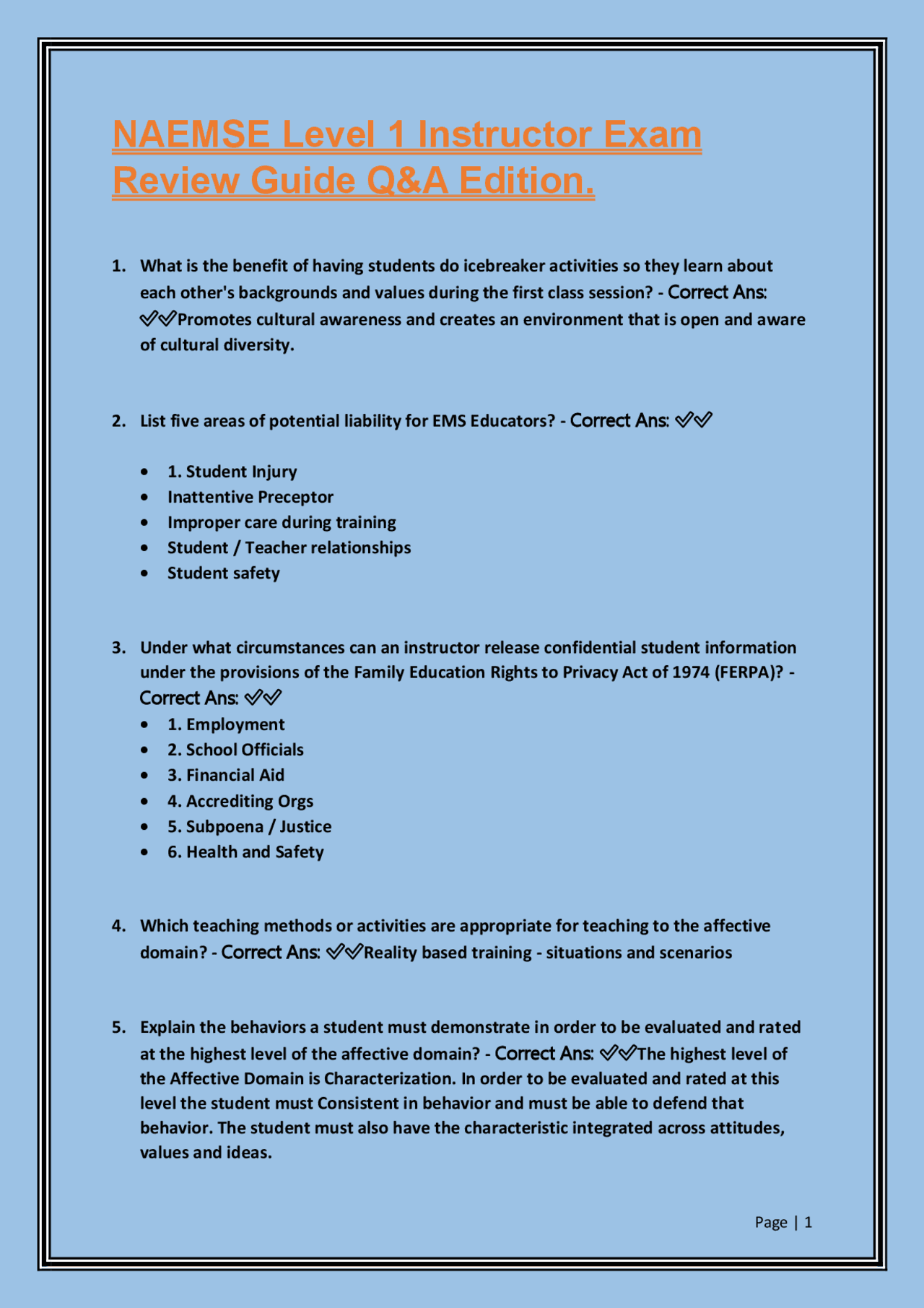 NAEMSE Level 1 Instructor Exam Review Guide: Q&A Edition | Exams ...
