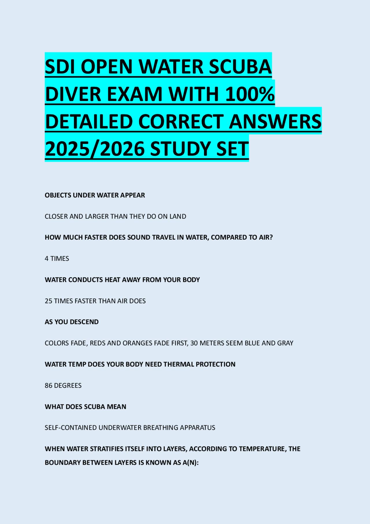 SDI OPEN WATER SCUBA DIVER EXAM WITH 100% DETAILED CORRECT ANSWERS 2025 ...