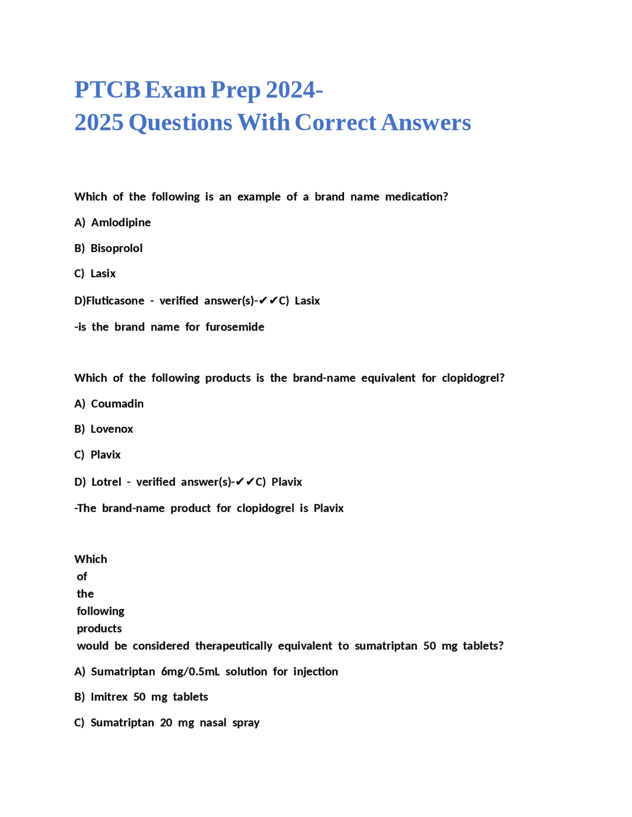 PTCB Exam Prep 2024-2025 Questions With Correct Answers | Exams ...