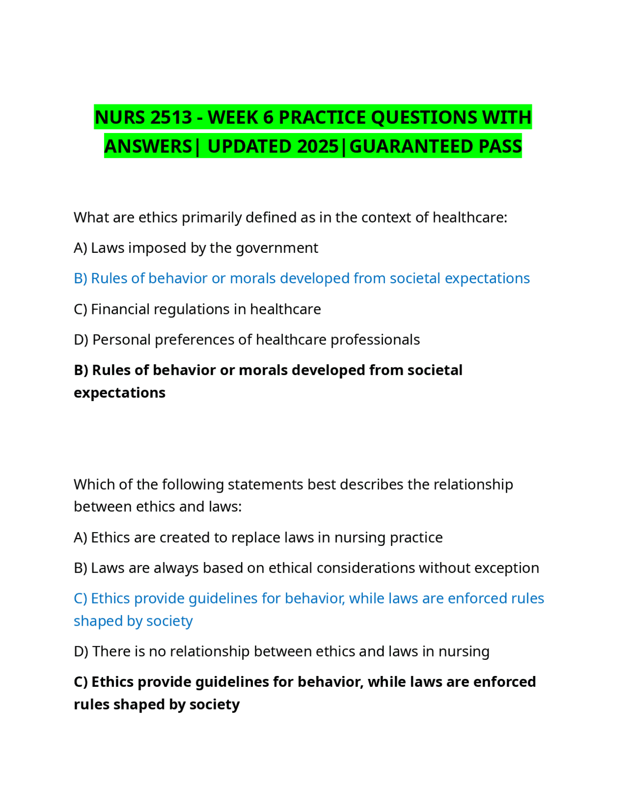 Nursing Ethics and Law: Practice Questions and Answers | Exams Nursing ...