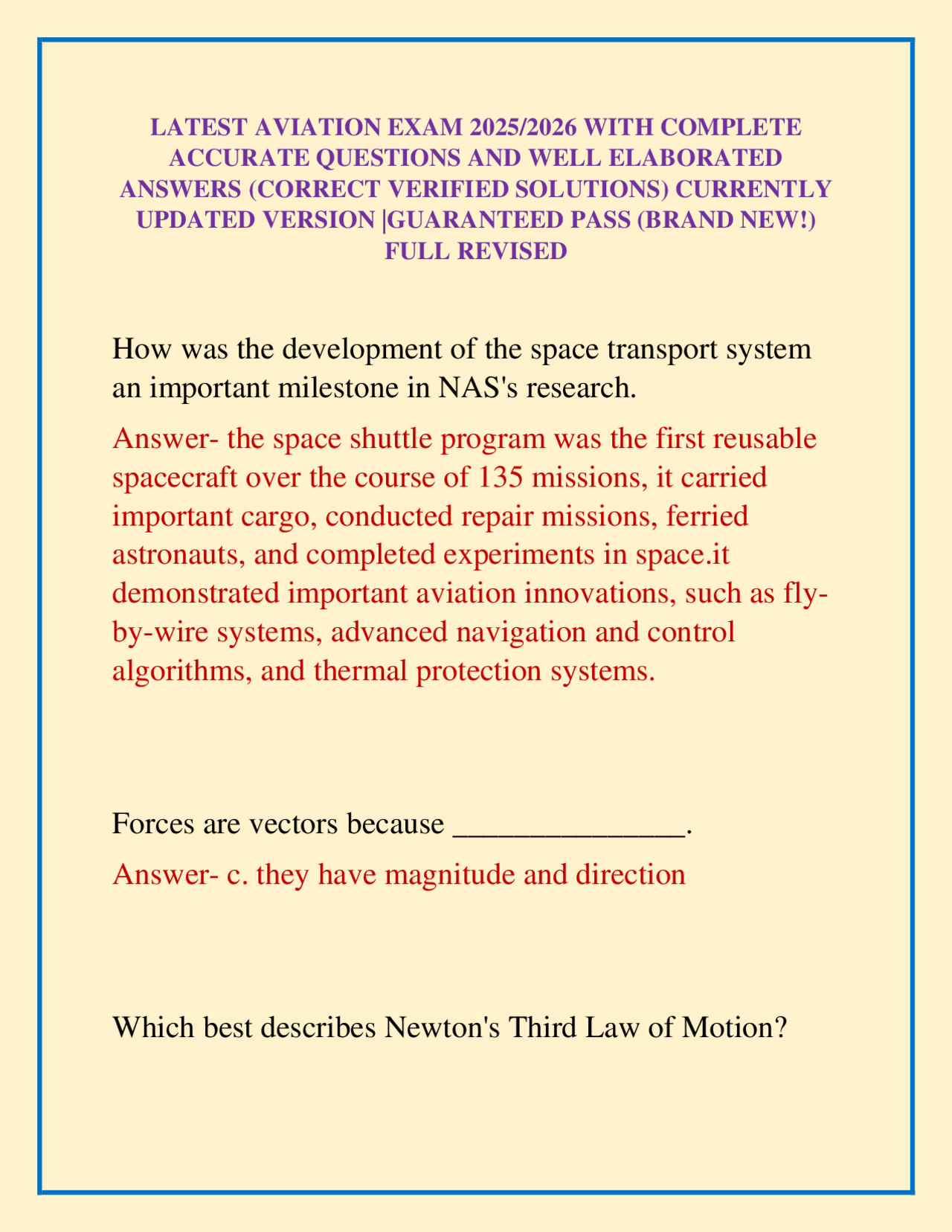 LATEST AVIATION EXAM 2025/2026 WITH COMPLETE ACCURATE QUESTIONS AND ...