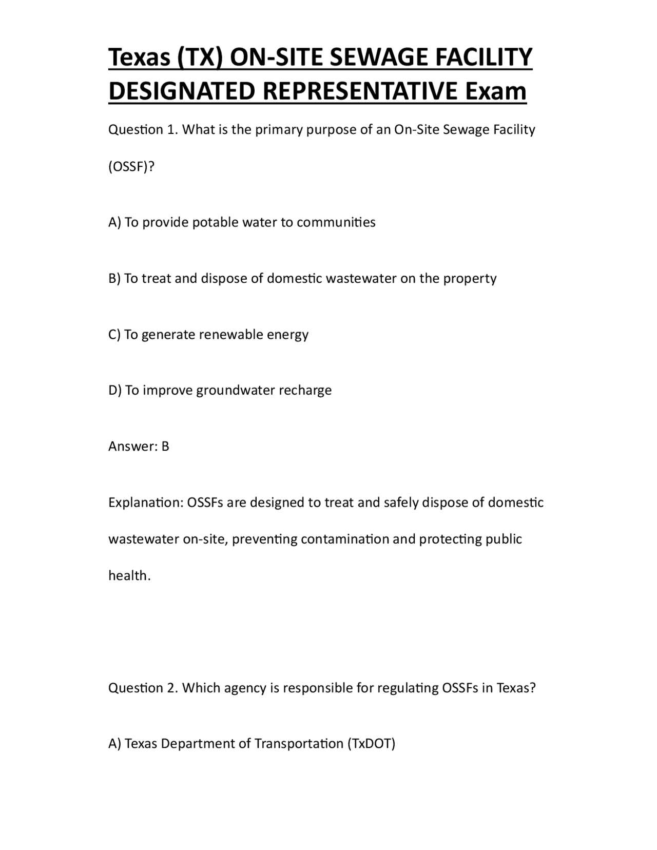 Texas (TX) ON-SITE SEWAGE FACILITY DESIGNATED REPRESENTATIVE Exam ...