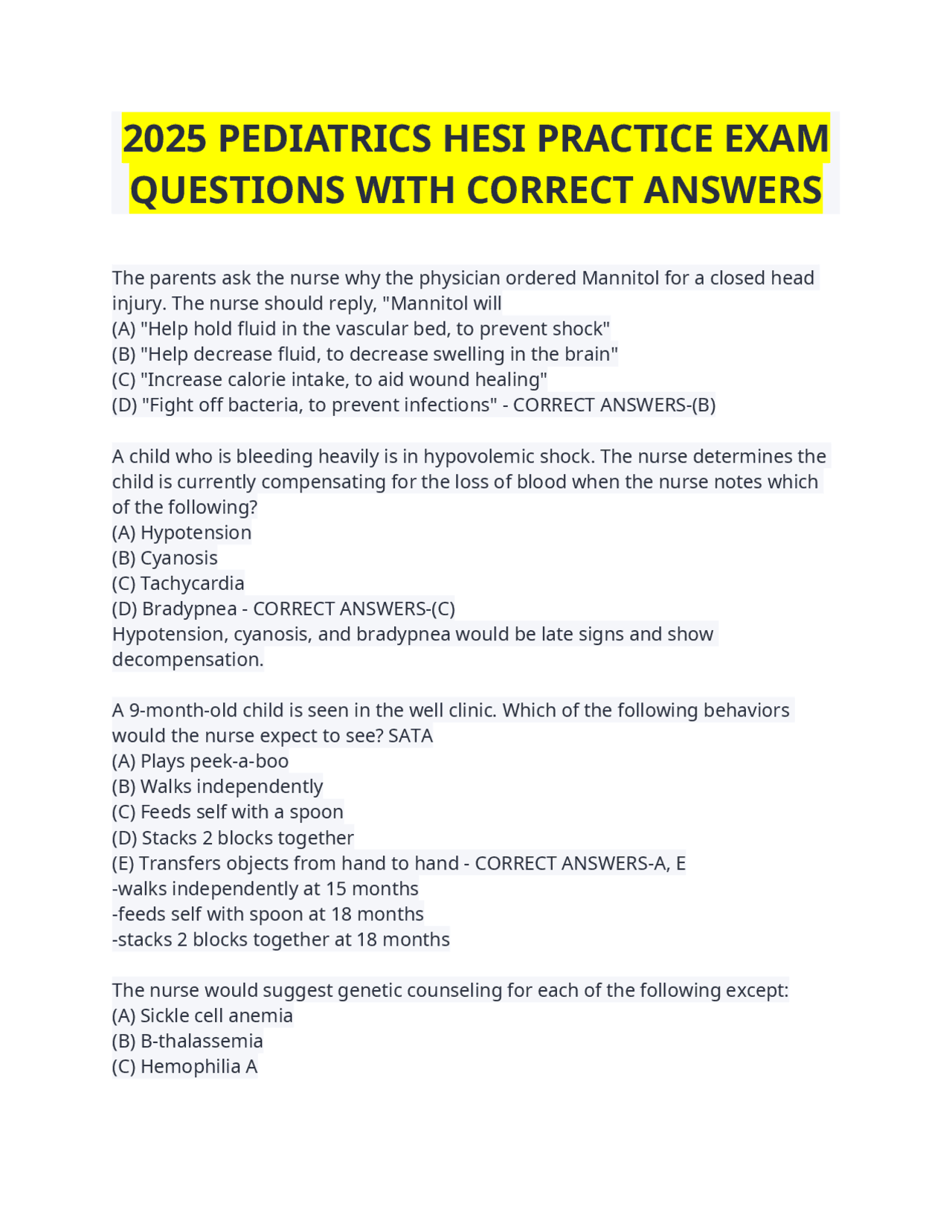 2025 PEDIATRICS HESI PRACTICE EXAM QUESTIONS WITH CORRECT ANSWERS ...