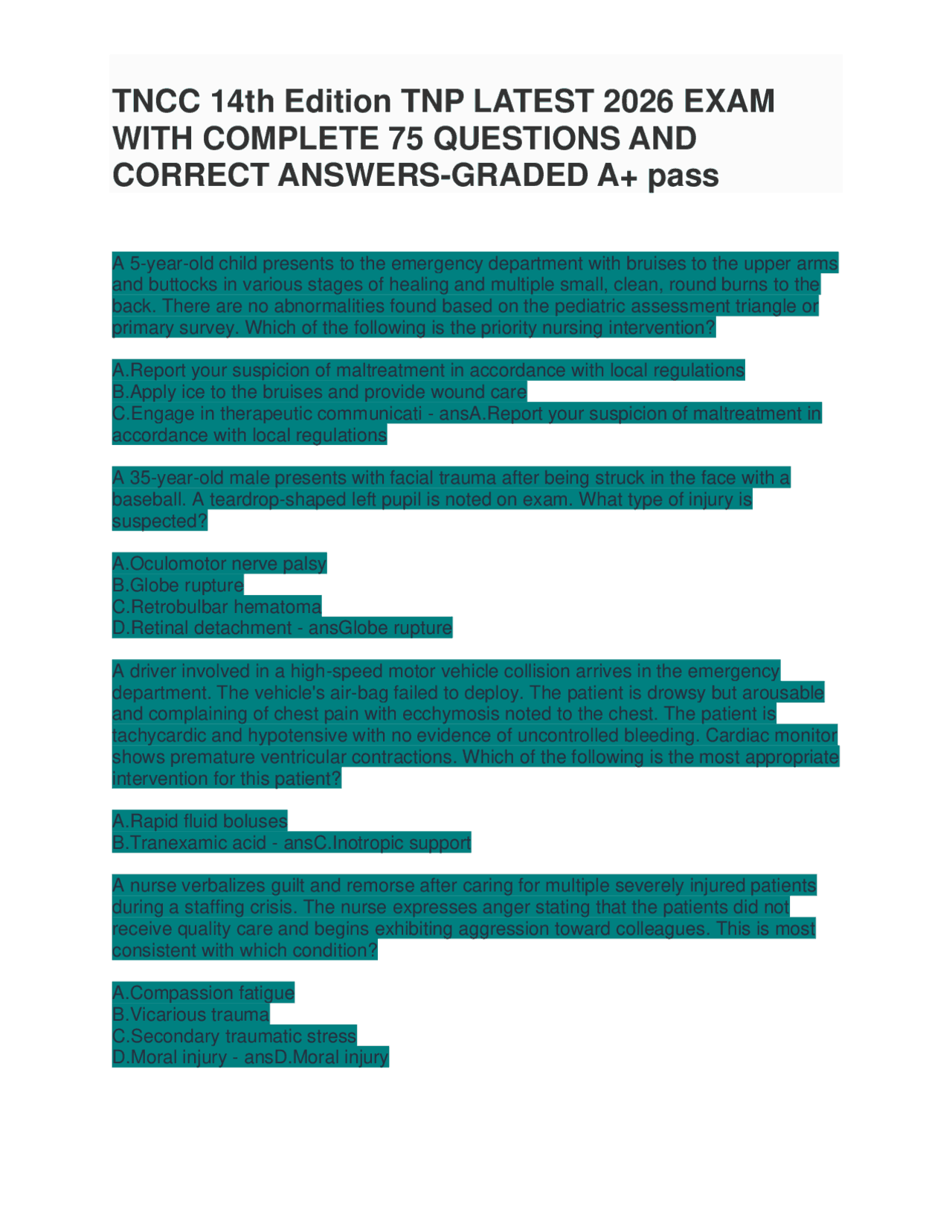 TNCC 9th Edition TNP LATEST 2026 EXAM WITH COMPLETE 75 QUESTIONS AND ...