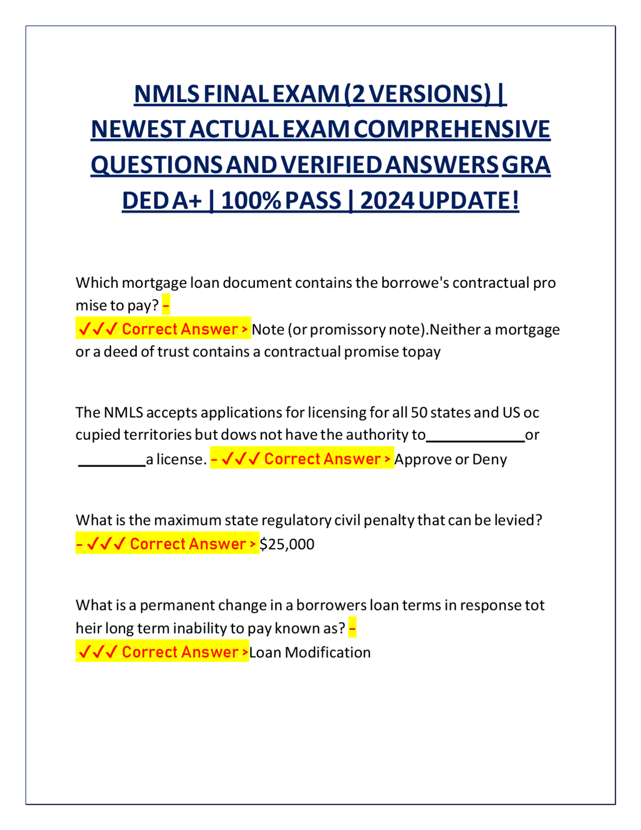 NMLS Final Exam Questions with Detailed Verified Answers (100% Correct ...