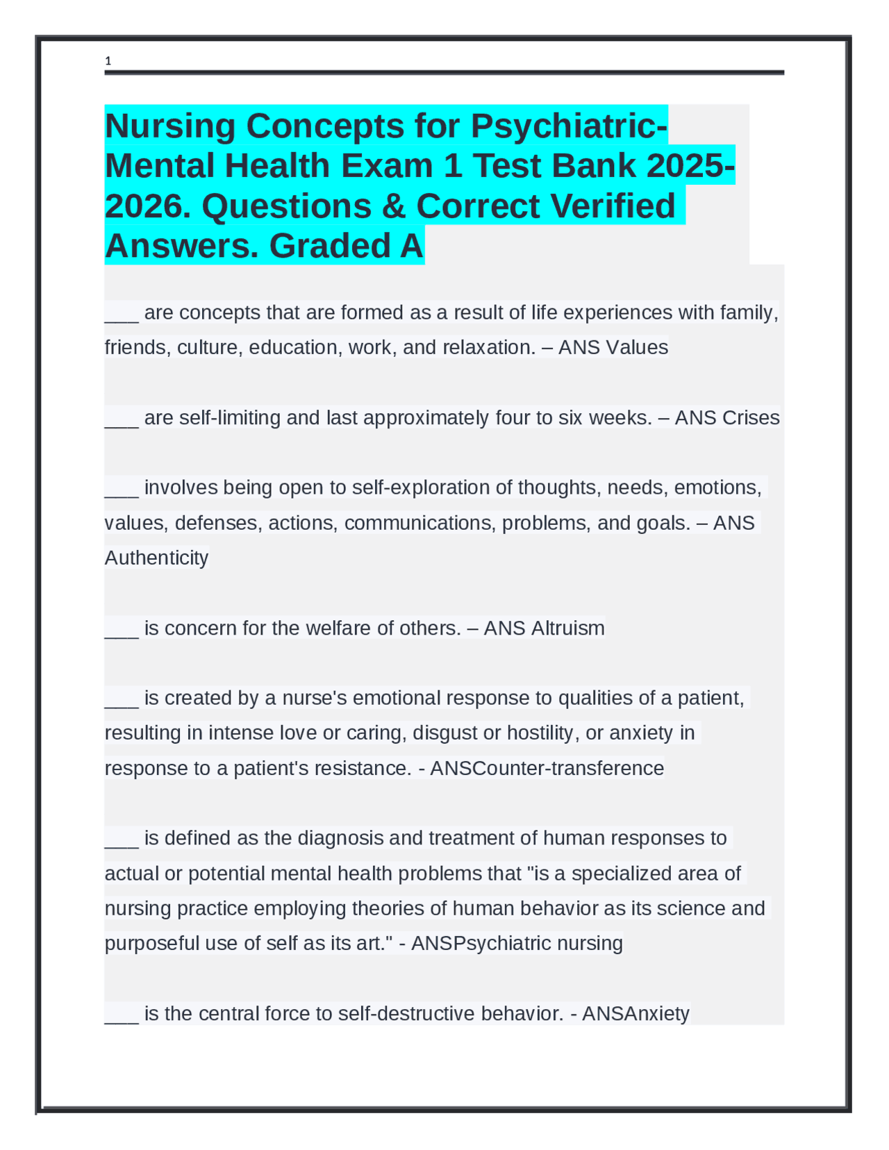 Nursing Concepts for Psychiatric-Mental Health Exam 1 Test Bank 2025 ...