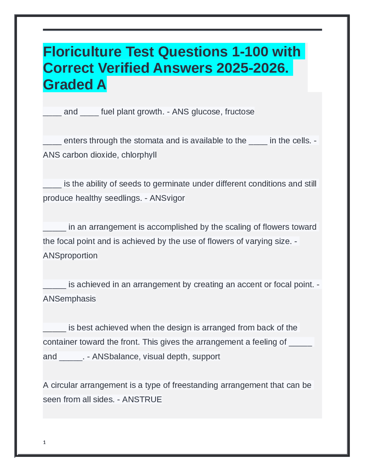 Floriculture Test Questions and Answers 2025-2026 | Exams Floriculture ...