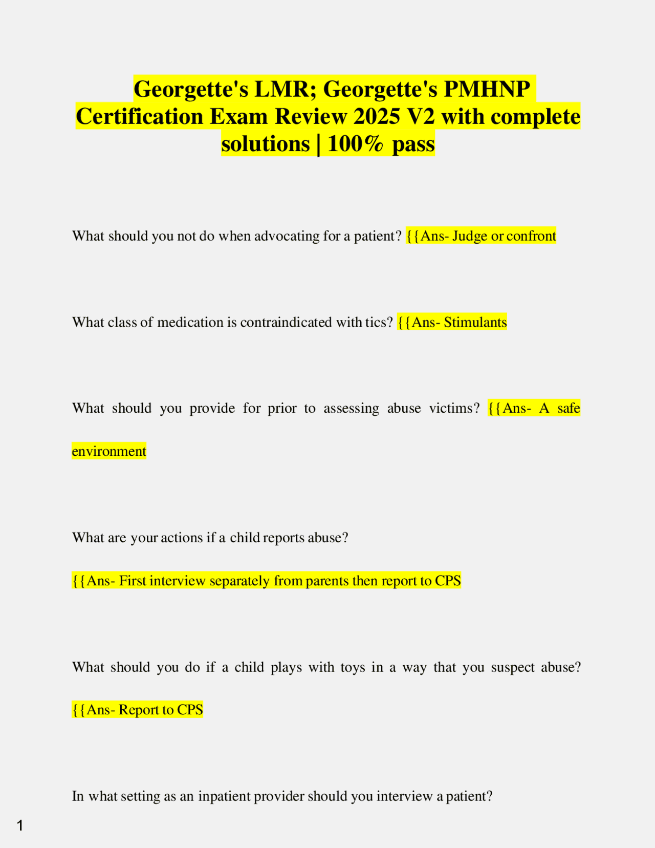 Georgette's LMR; Georgette's PMHNP Certification Exam Review 2025 V2 with complete solu | Exams ...