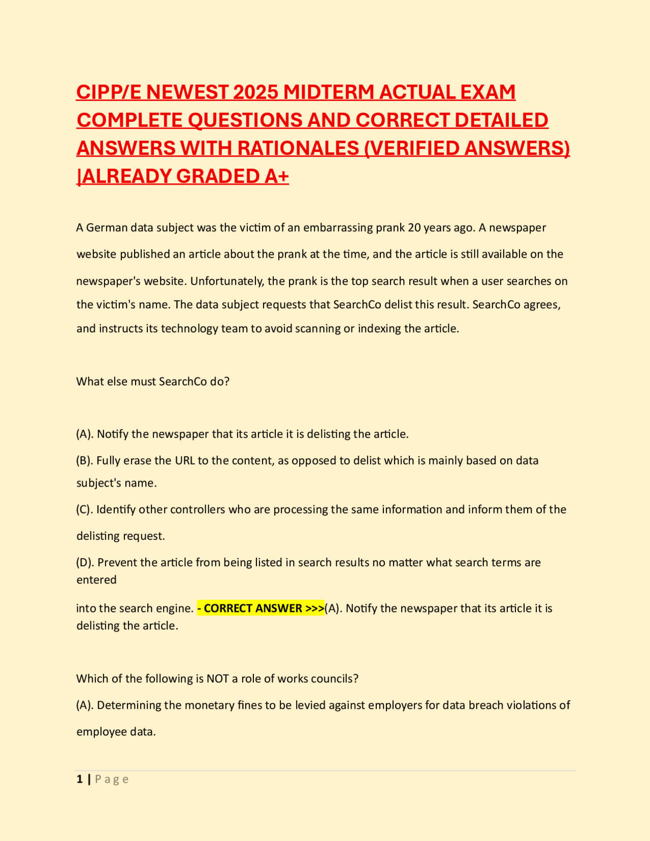 CIPP/E NEWEST 2025 MIDTERM ACTUAL EXAM COMPLETE QUESTIONS AND CORRECT DETAILED ANSWERS | Exams ...