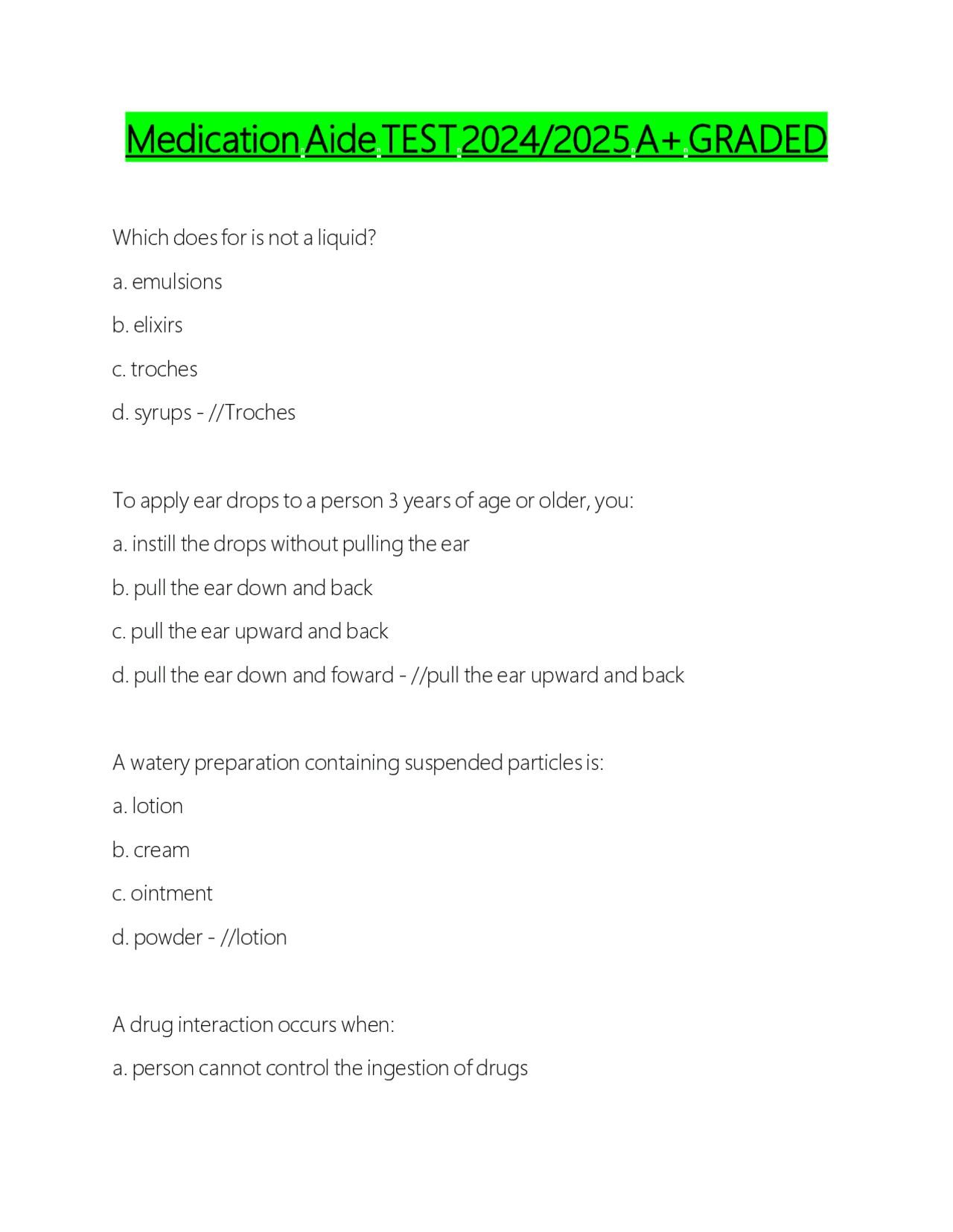 Medication Aide TEST 20242025 A+ GRADED.pdf | Exams Computer Aided ...