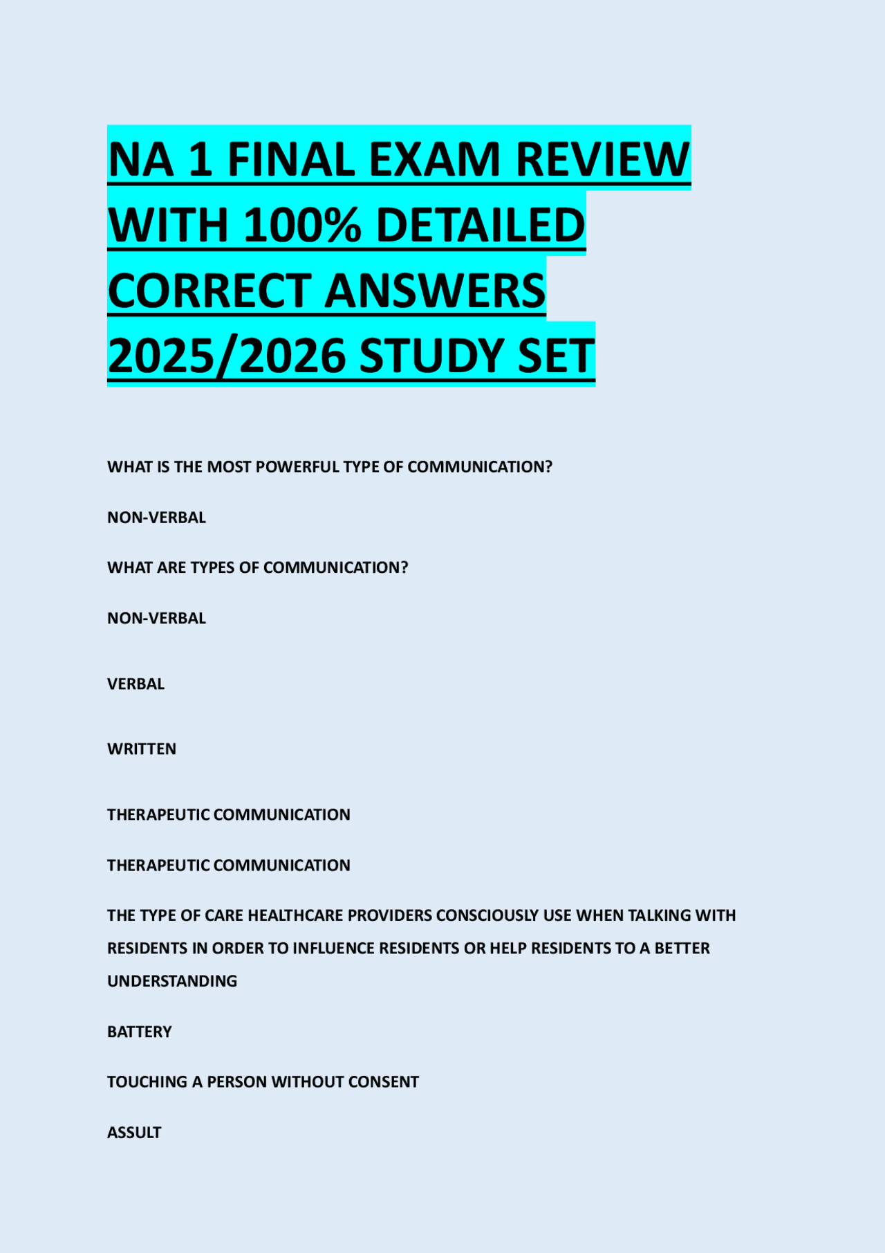 NA 1 FINAL EXAM REVIEW WITH 100% DETAILED CORRECT ANSWERS 2025/2026 ...
