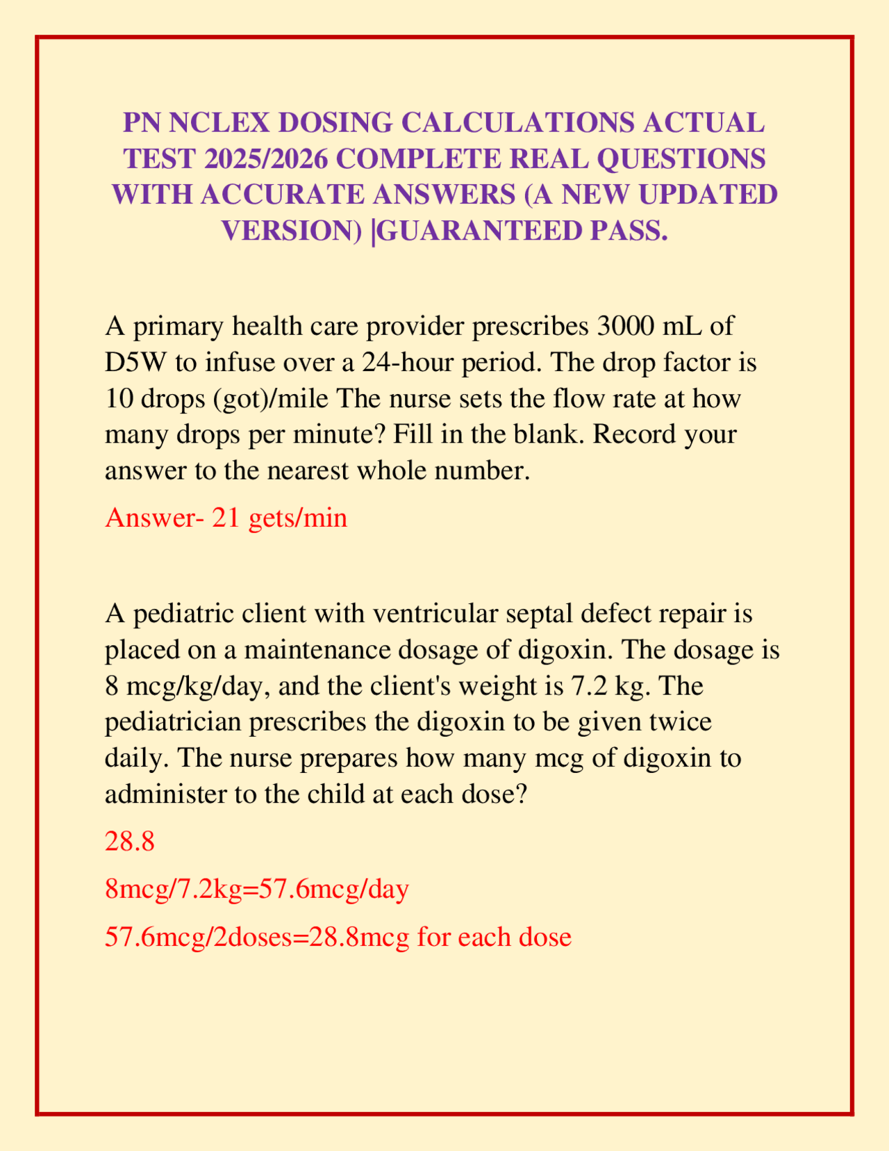 PN NCLEX DOSING CALCULATIONS ACTUAL TEST 2025/2026 COMPLETE REAL ...