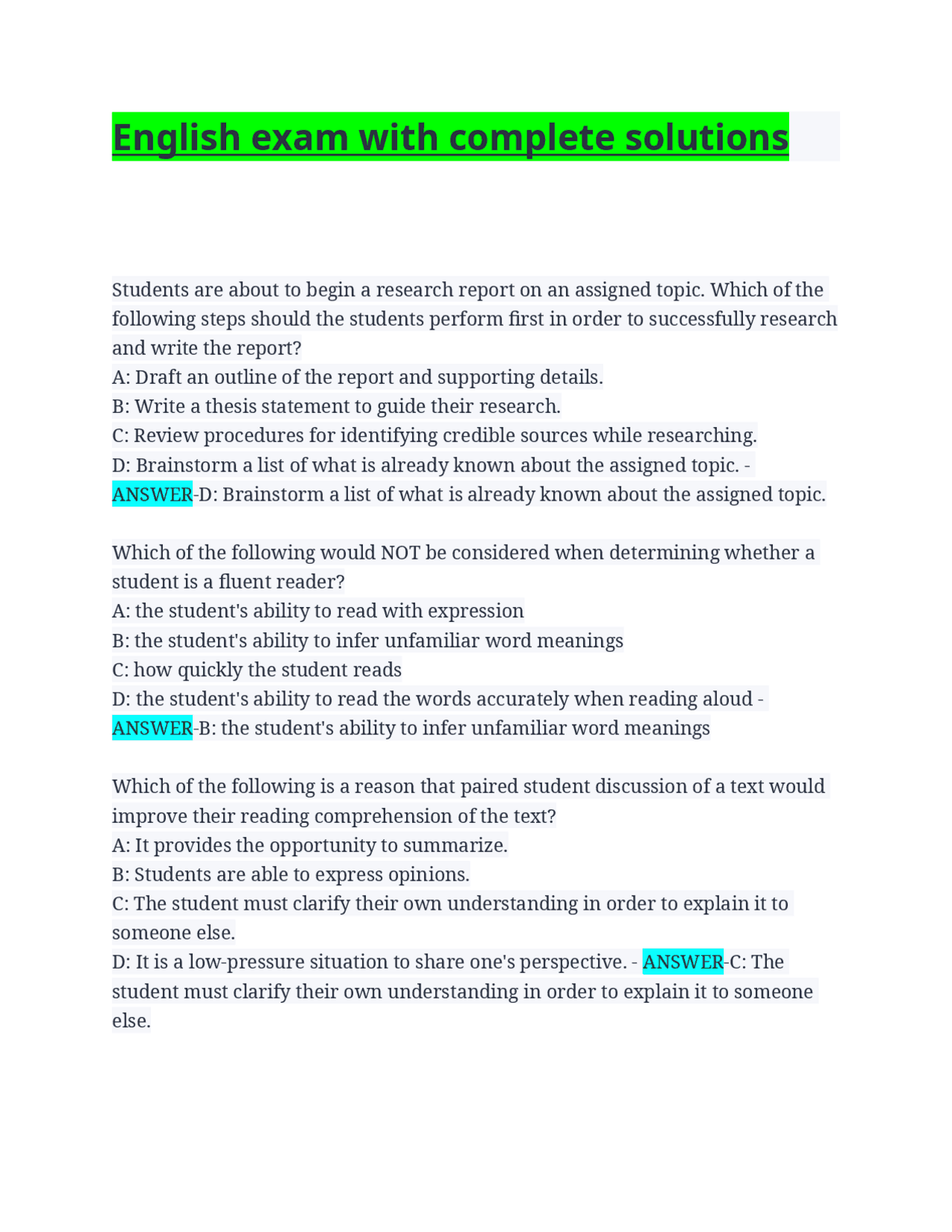 English exam with complete solutions. | Exams English Literature | Docsity