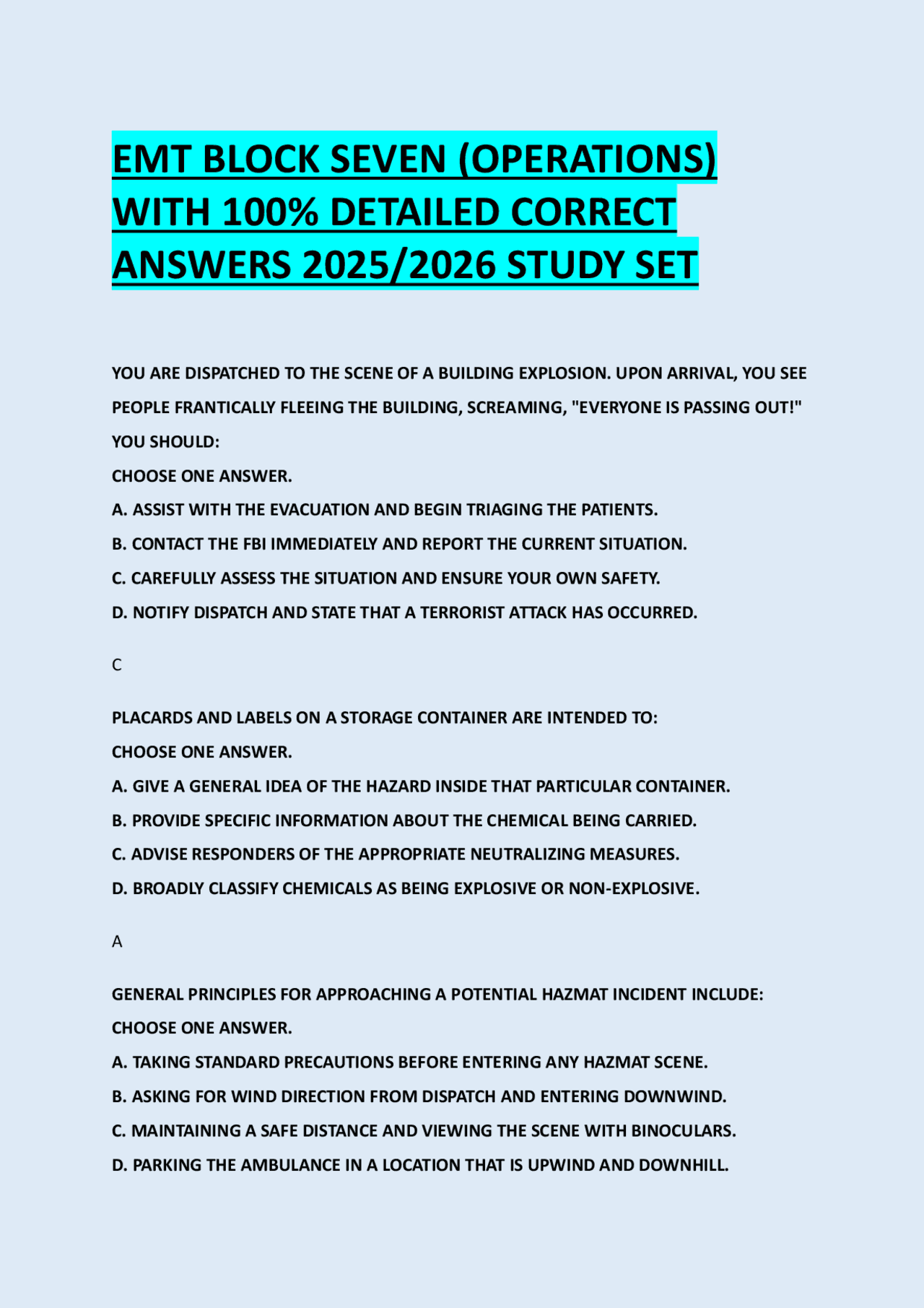 EMT BLOCK SEVEN (OPERATIONS) WITH 100% DETAILED CORRECT ANSWERS 2025/ ...