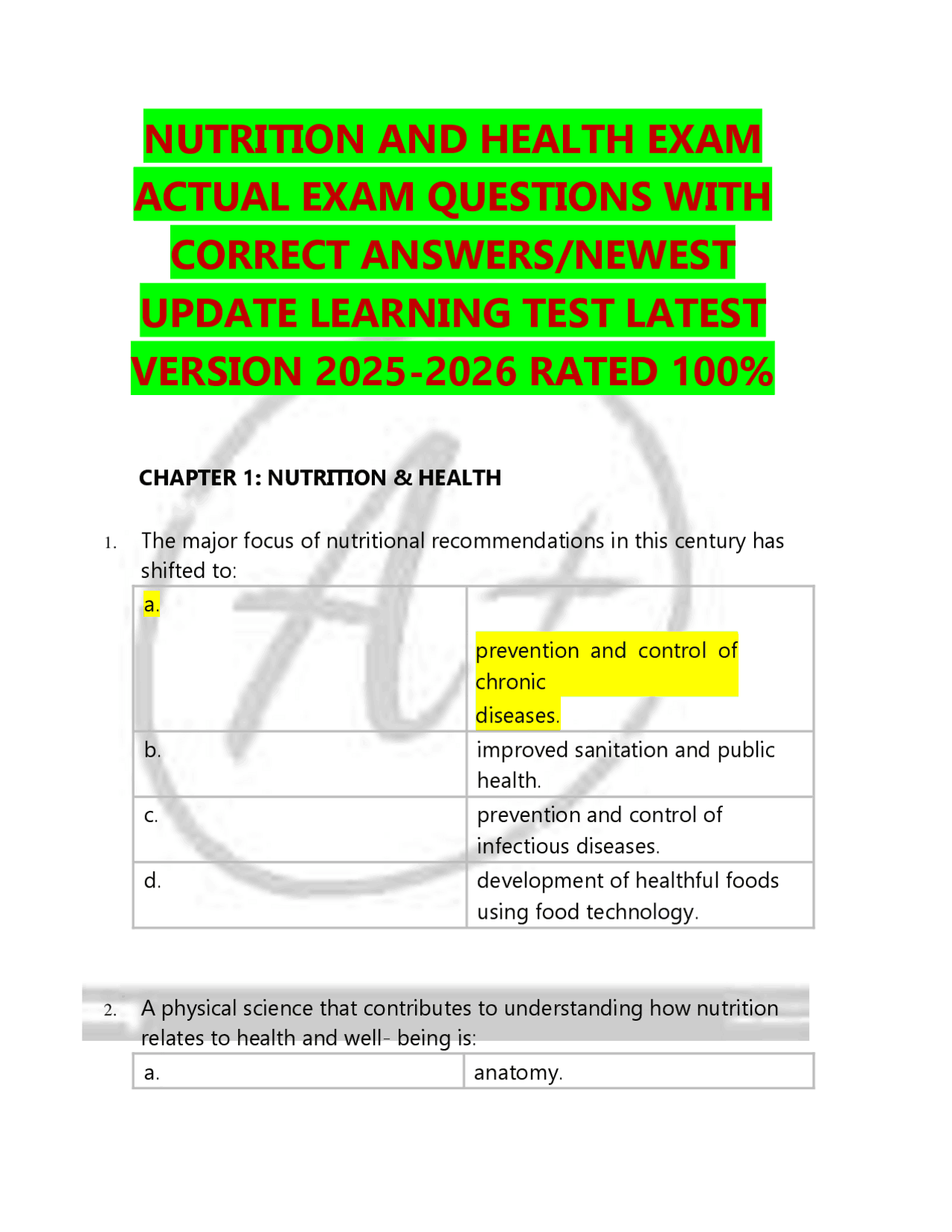 NUTRITION AND HEALTH EXAM ACTUAL EXAM QUESTIONS WITH CORRECT ANSWERS ...
