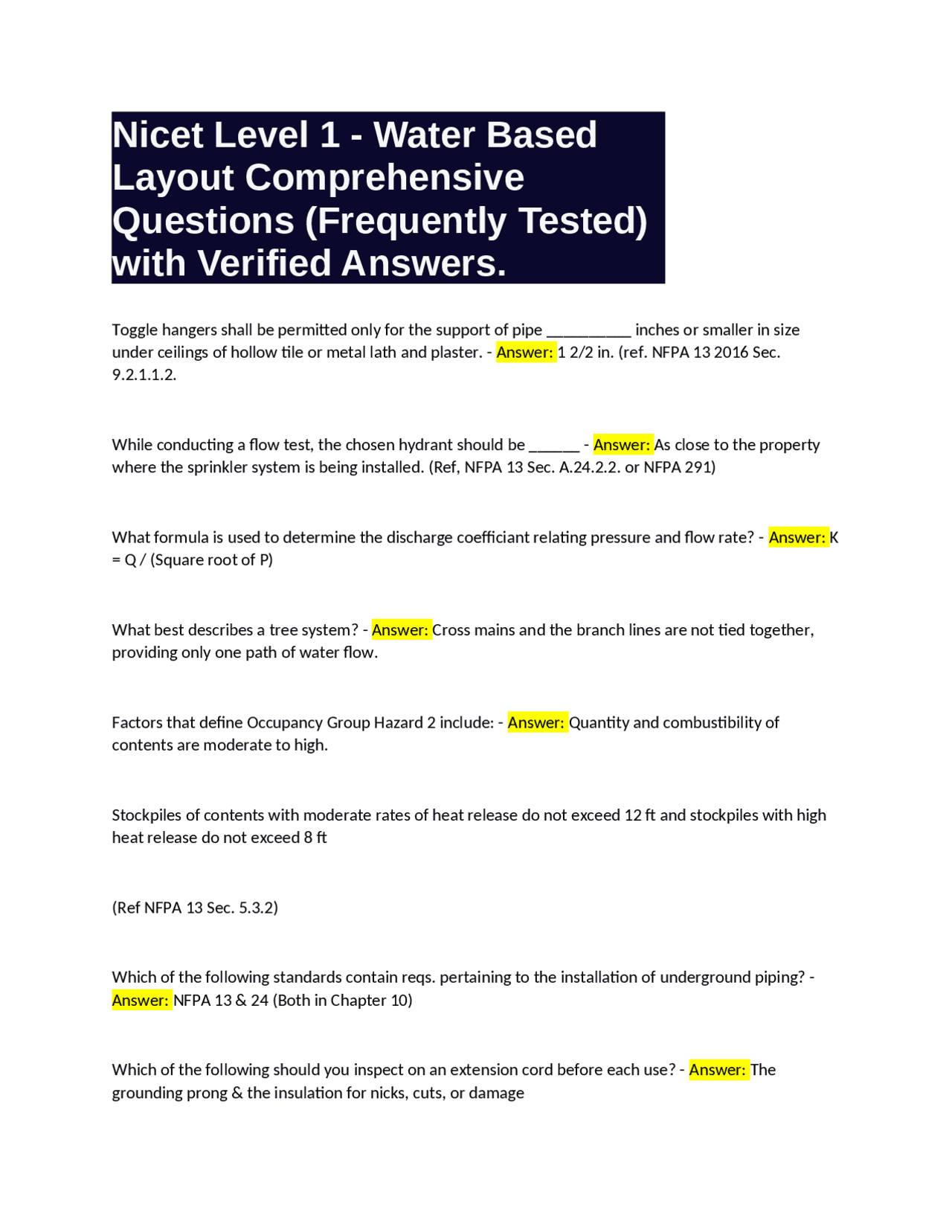 Nicet Level 1 - Water Based Layout Comprehensive Questions (Frequently ...