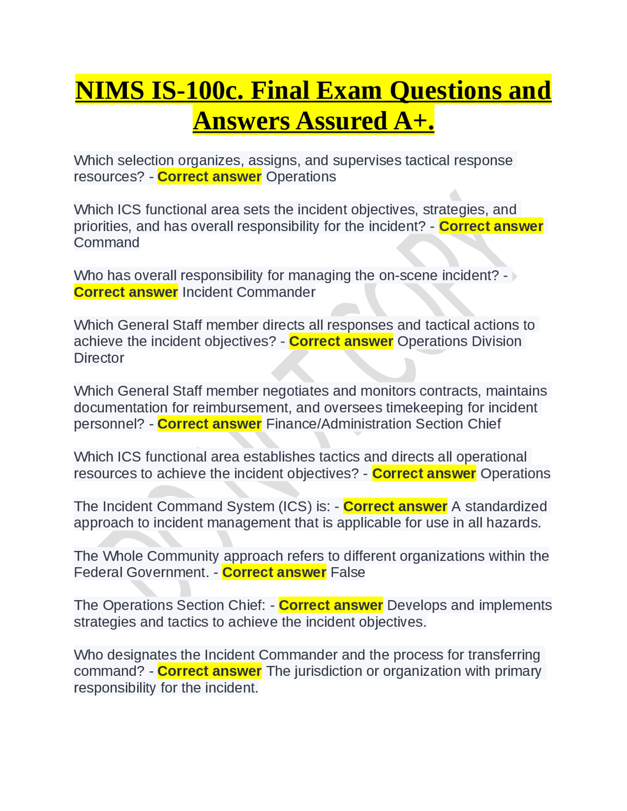 NIMS IS-100c. Final Exam Questions and Answers Assured A+. | Exams ...