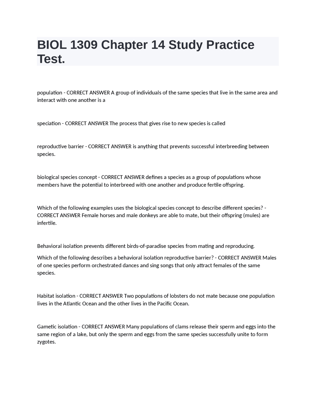 BIOL 1309 Chapter 14 Study Practice Test. | Exams Nursing | Docsity