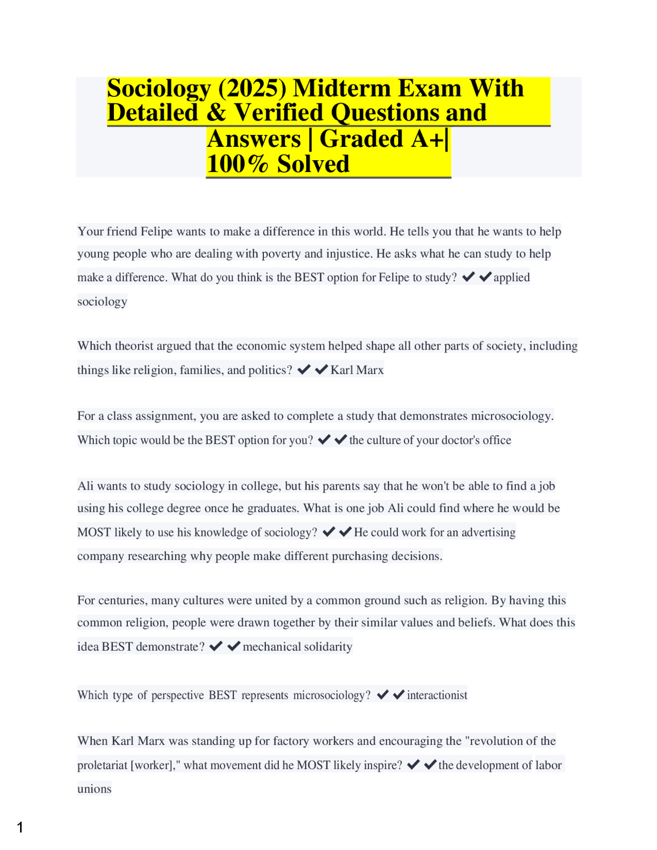 Sociology (2025) Midterm Exam With Detailed & Verified Questions and ...