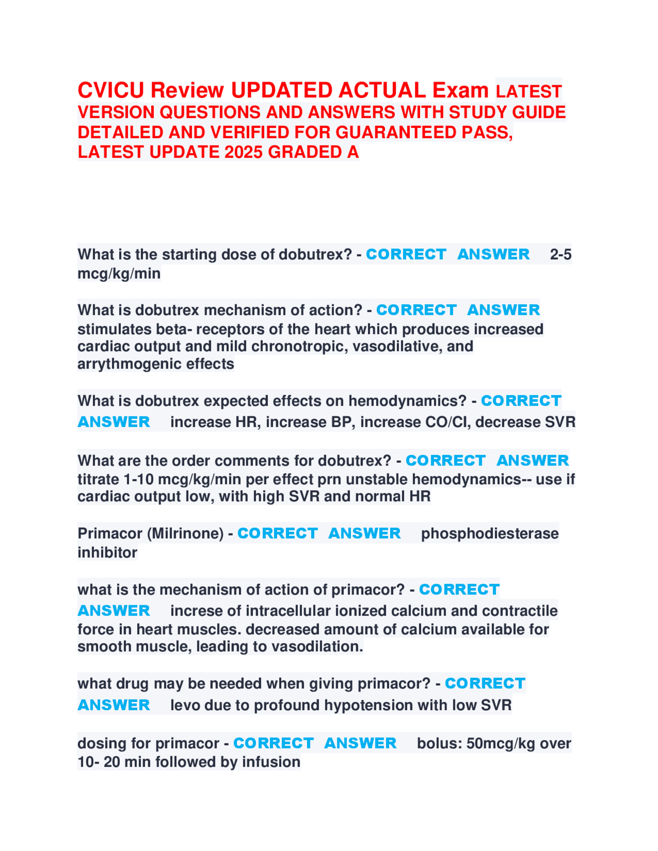 CVICU Review UPDATED ACTUAL Exam LATEST VERSION QUESTIONS AND ANSWERS ...