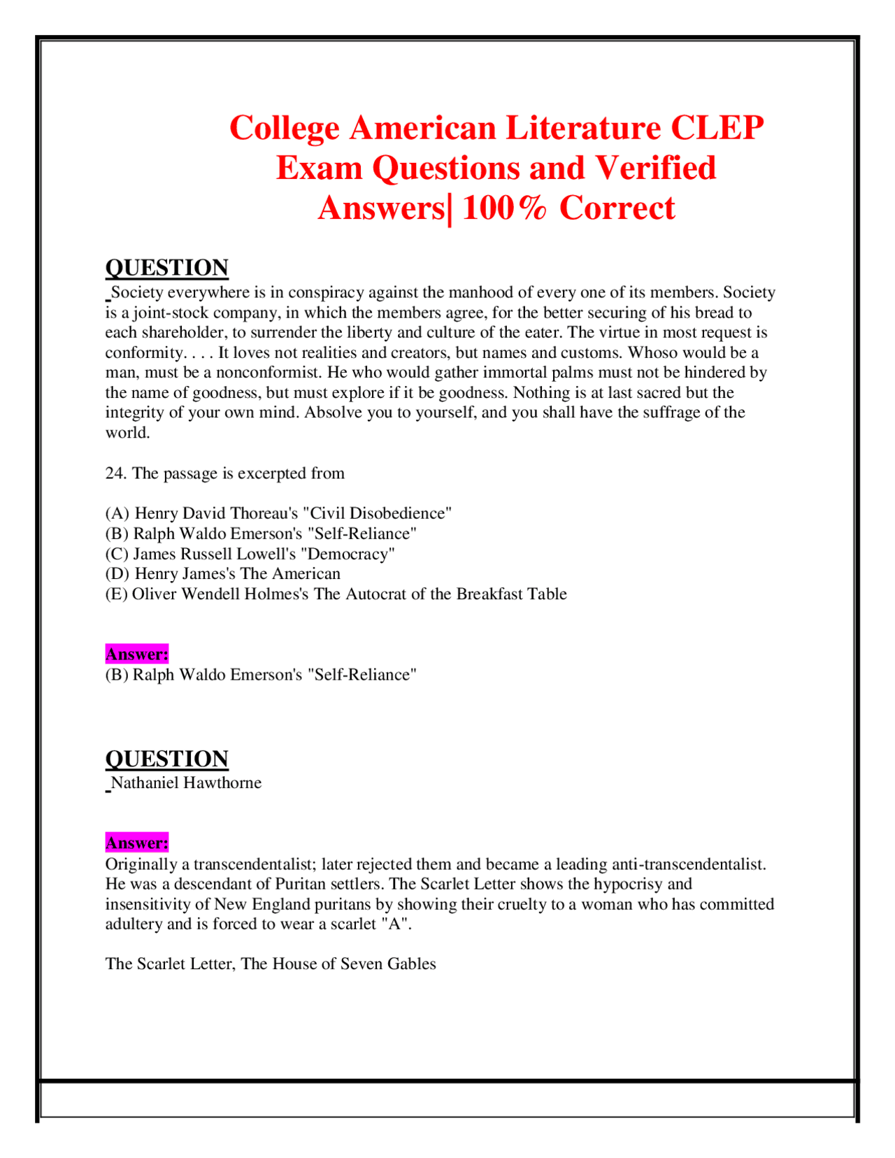 College American Literature CLEP Exam Questions and Verified Answers ...